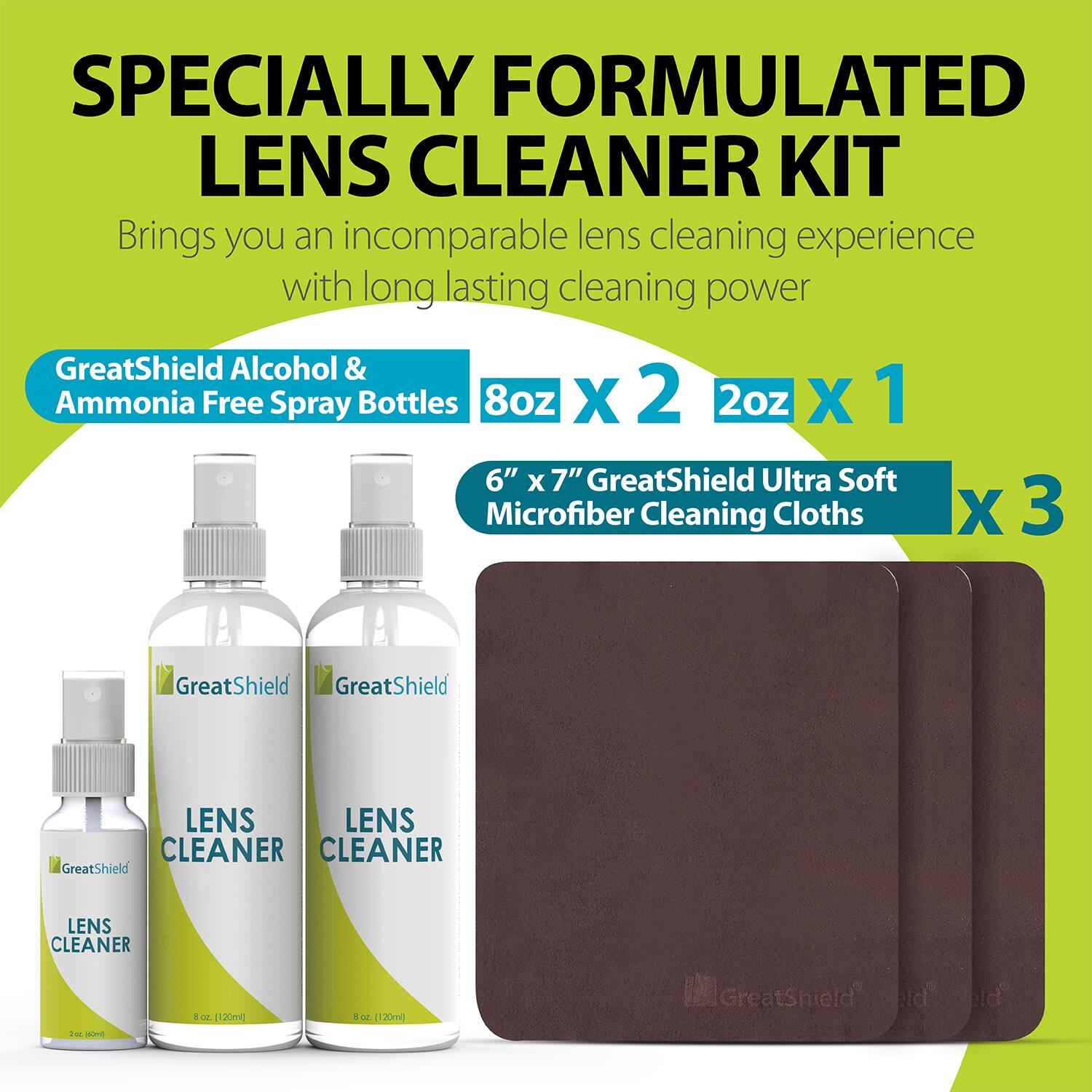 GreatShield Lens Cleaner Spray Kit, 2X 8oz + 2oz Cleaning Solution+3X ...