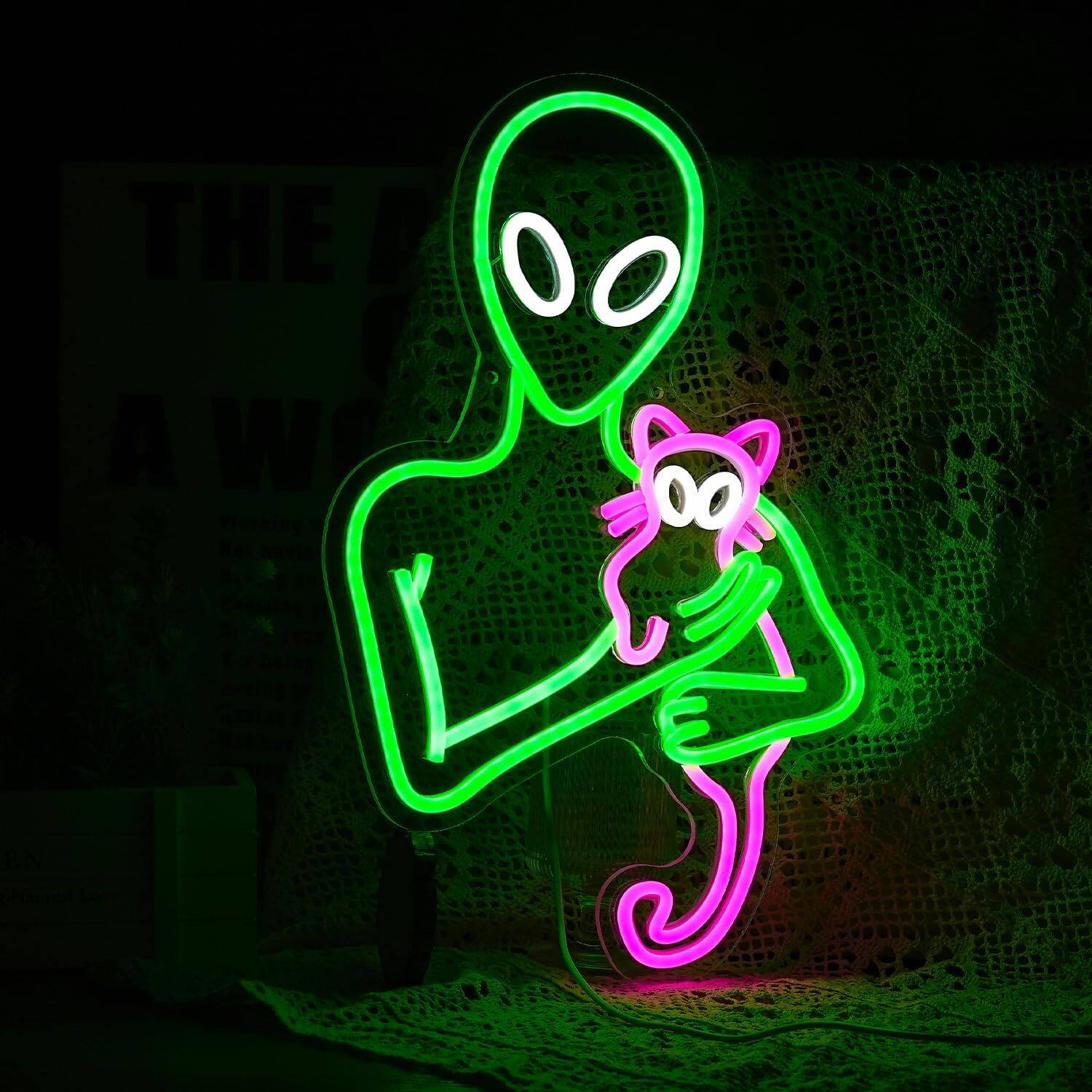 Auledio Aliens Cat Neon Sign Funny Green Aliens Pink Cat Led Light Up ...