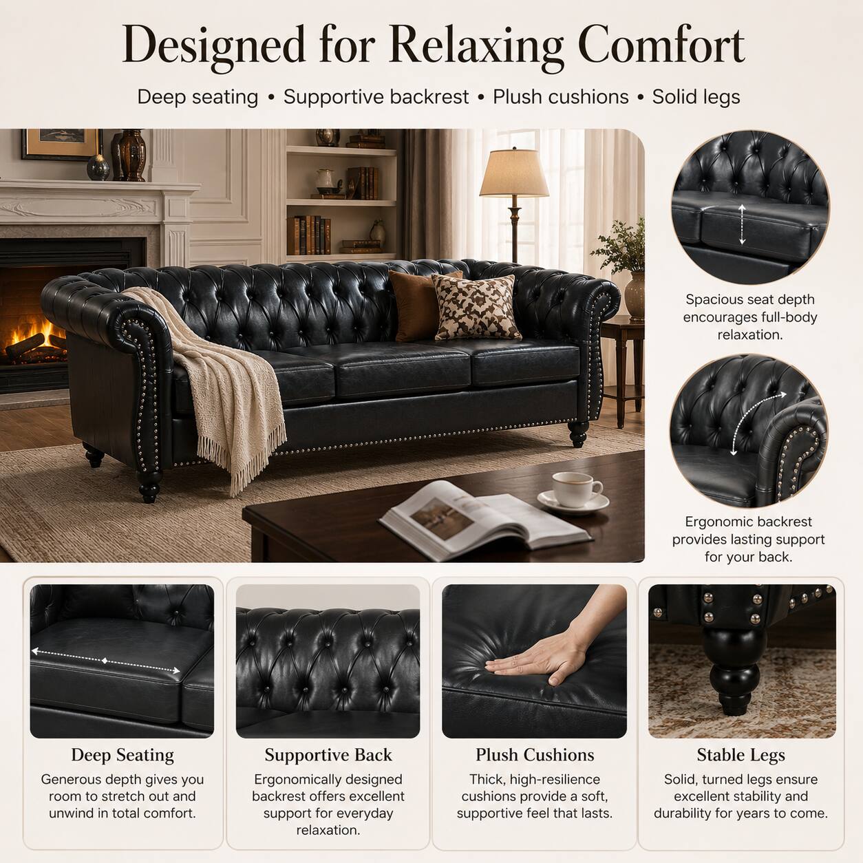 Anysun 84" Faux Leather 3 Seat Chesterfield Sofa Rolled Arm, Deep ...