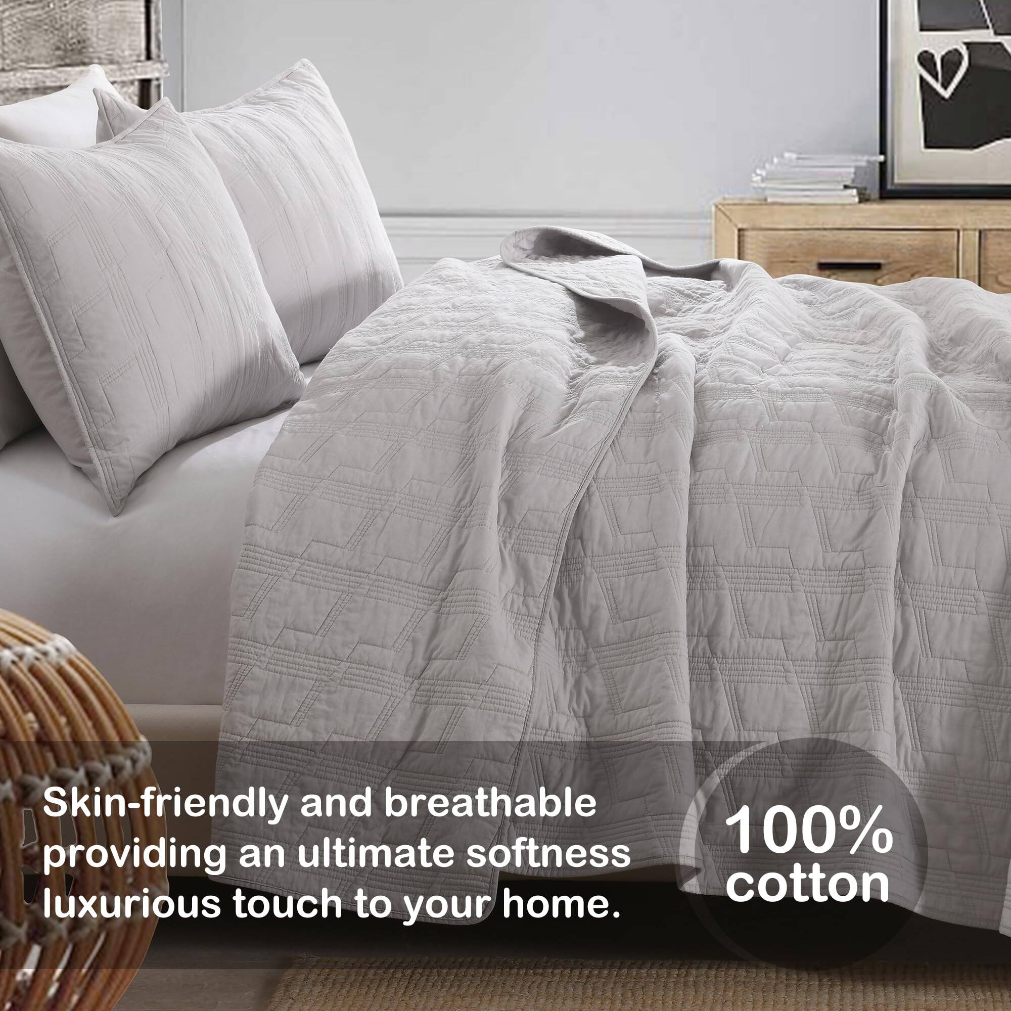 METALTON Cotton Quilt Set Size Light Grey Pre washed Bedspread Coverlet ...