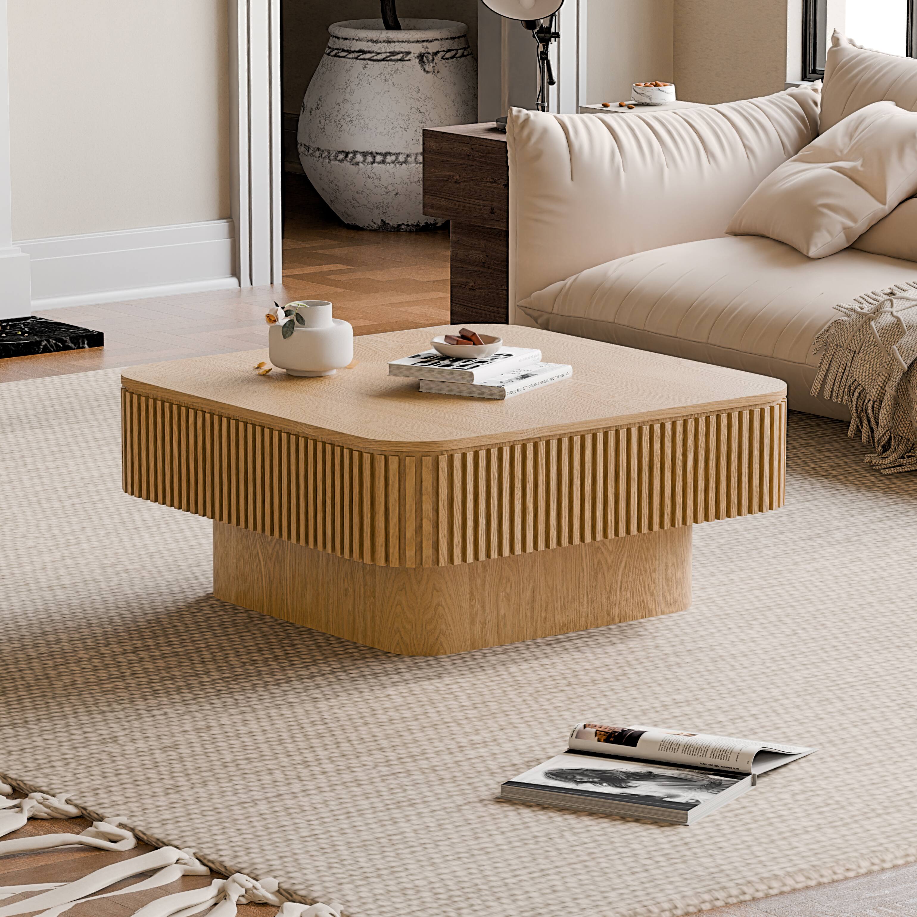 Loheer 31.5 Inch Square Coffee Table with Storage Solid Wood Veneer ...
