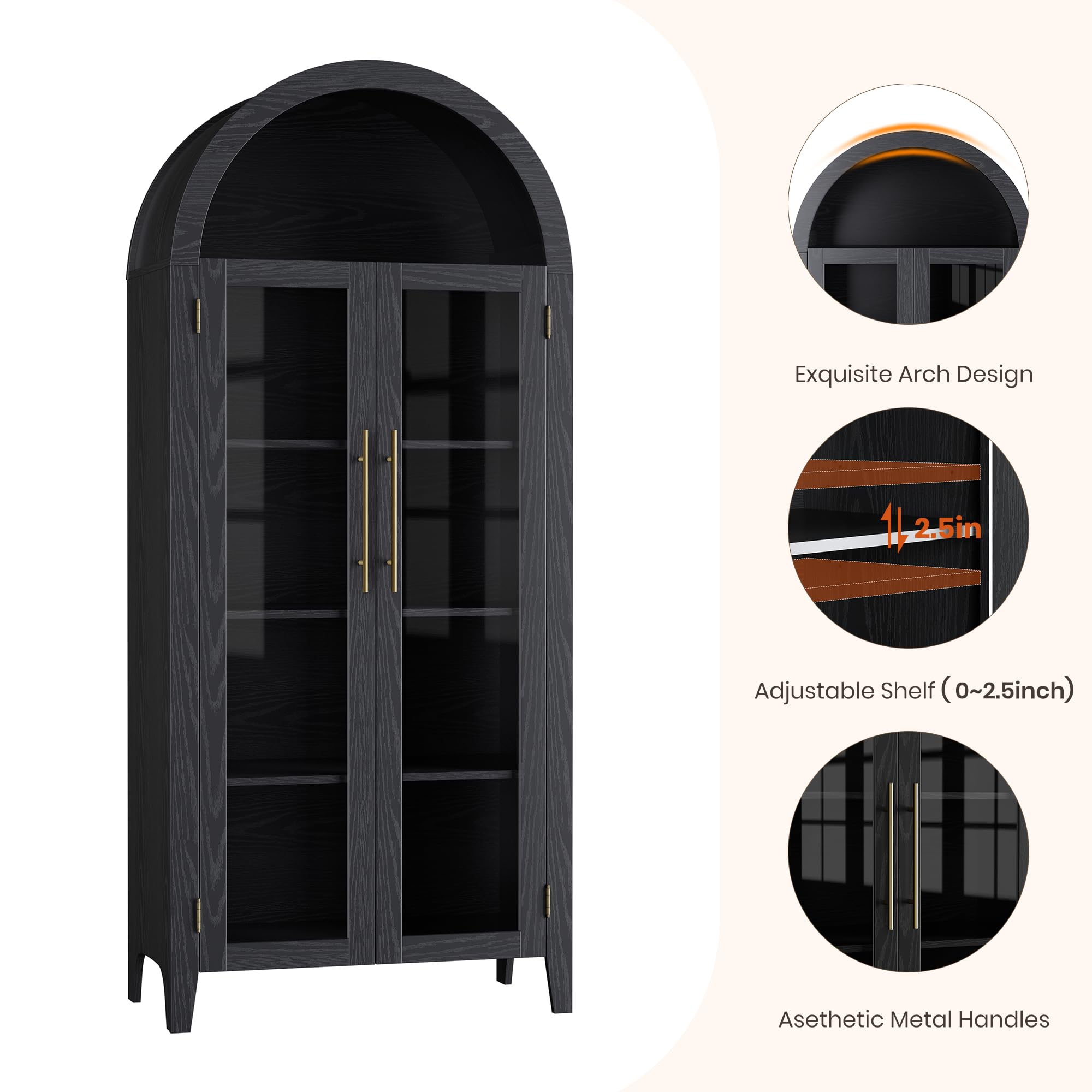 Jojoka Arched Kitchen Pantry Cabinet with Glass Doors, 5 Tier Storage ...