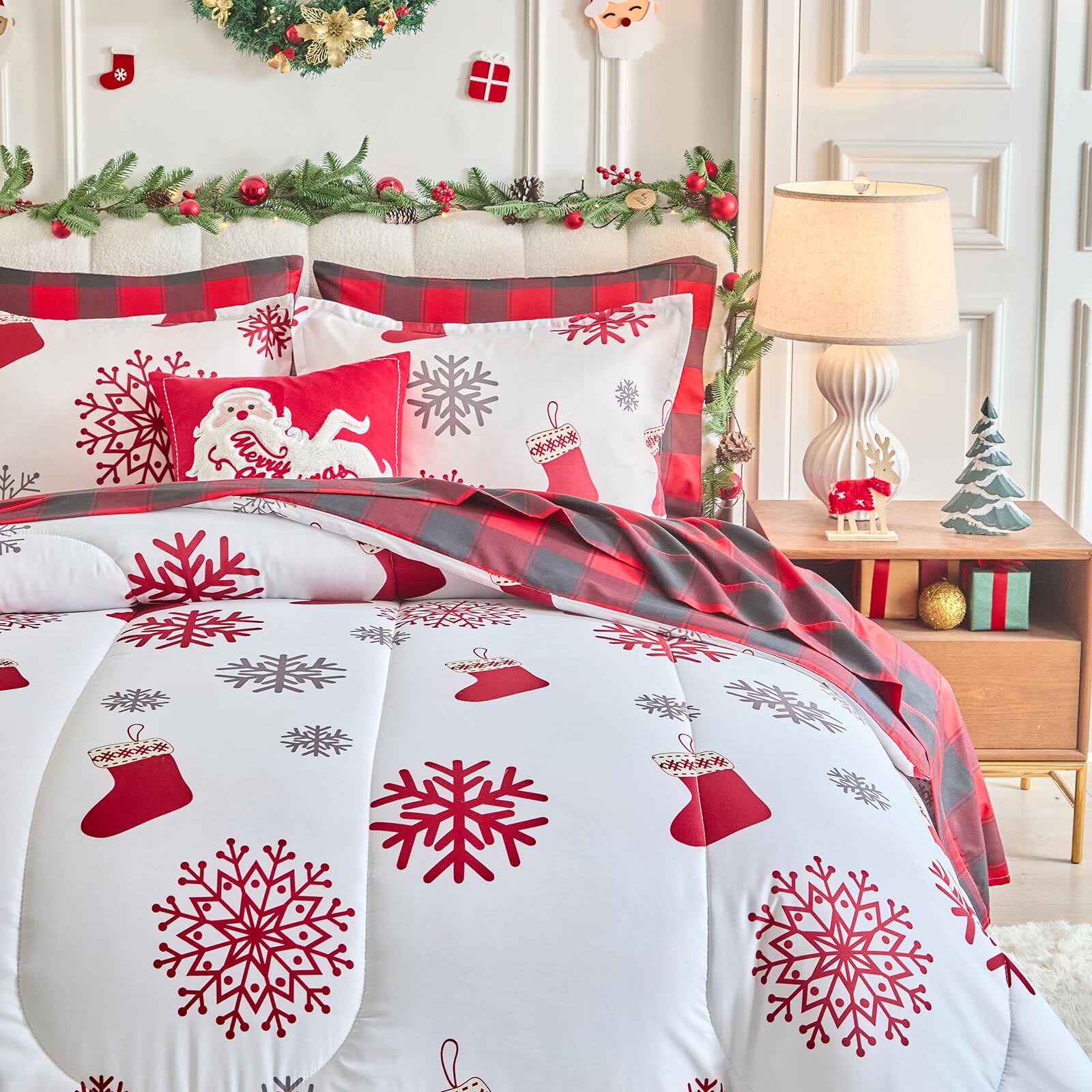Stylel Star Christmas Comforter Set Queen Size Red Gray Snowflake Socks ...