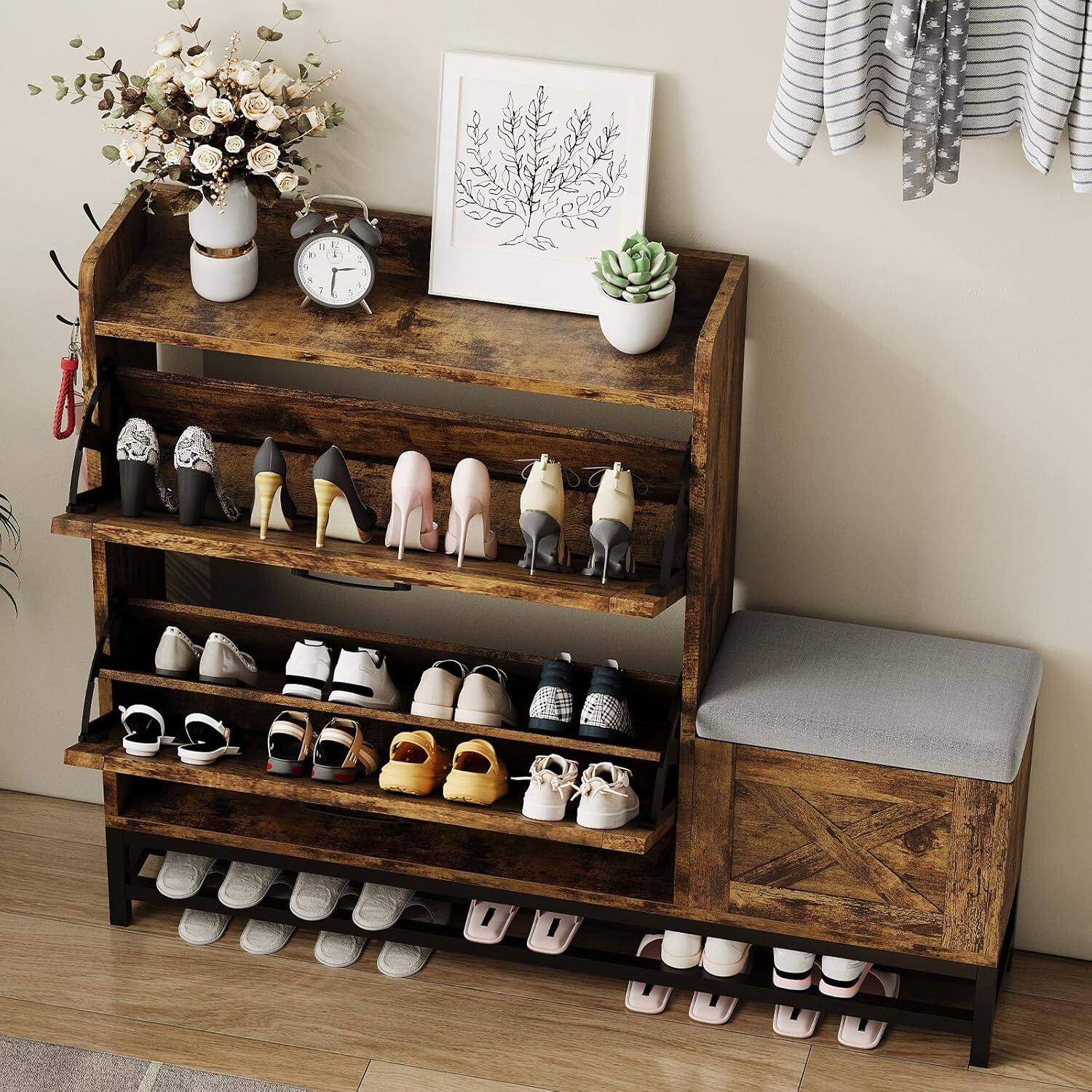 Acekool Farmhouse Shoe Cabinet with 2 Flip Drawers & Storage Bench ...