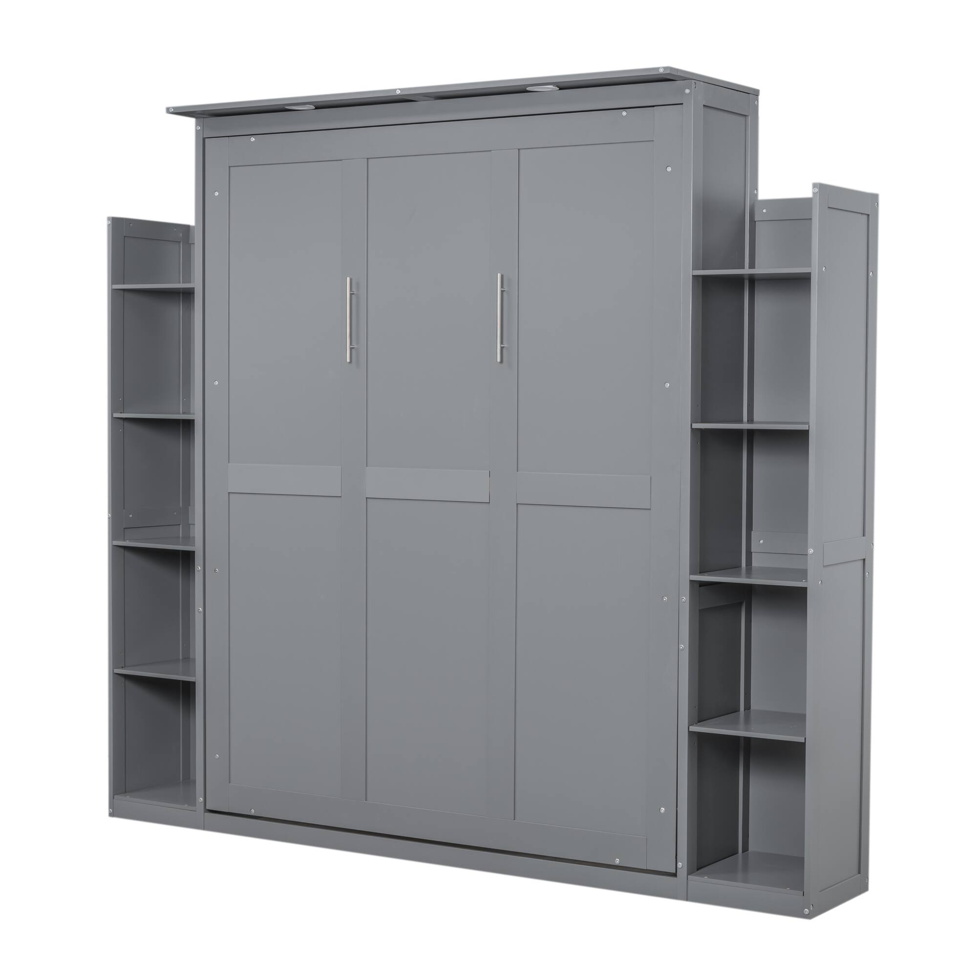 Tiramisubest Queen Size Gray Murphy Wall Bed with Shelves, LED Lights ...