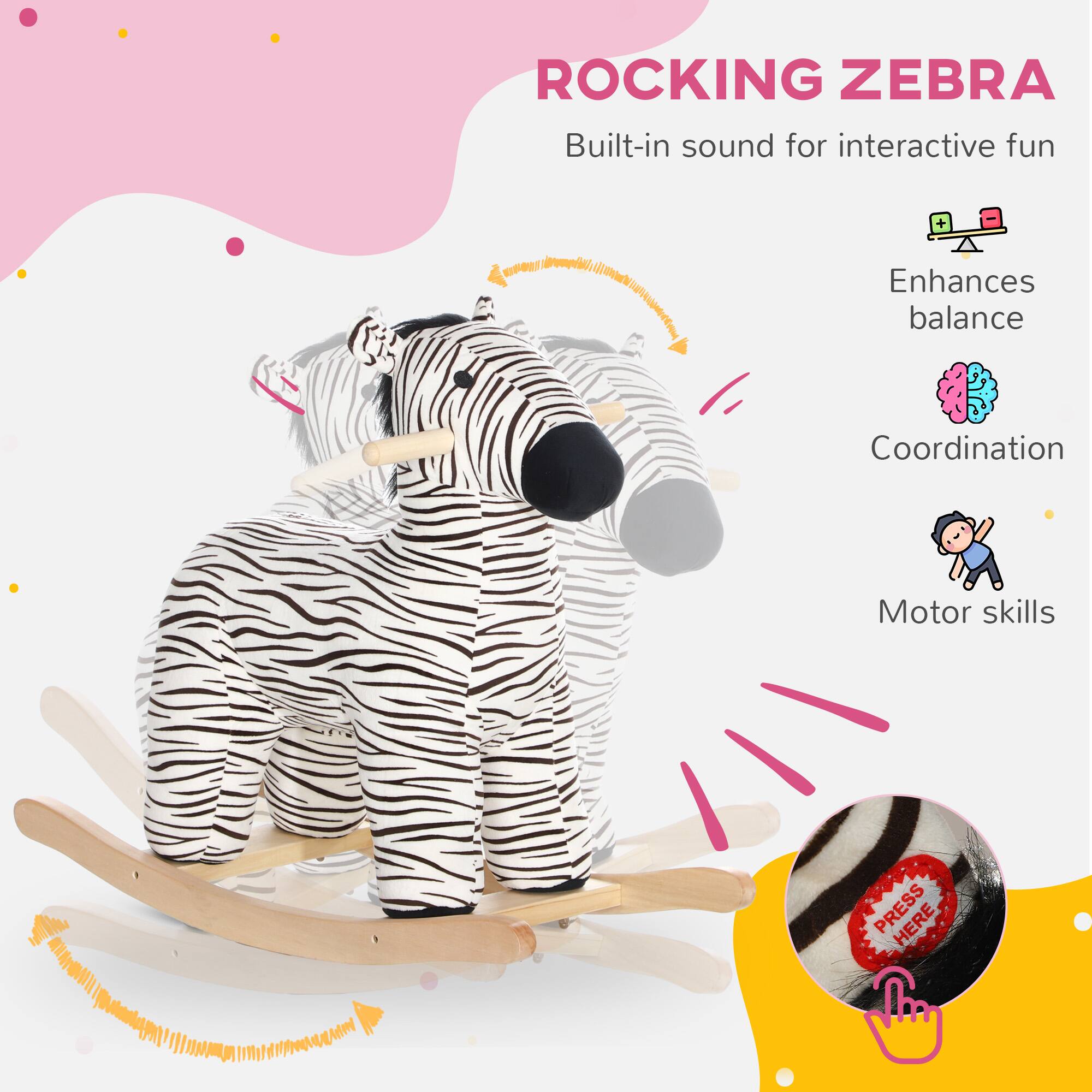 Glintex Plush Zebra Rocking Horse for Kids with Sounds, Soft Seat, and ...