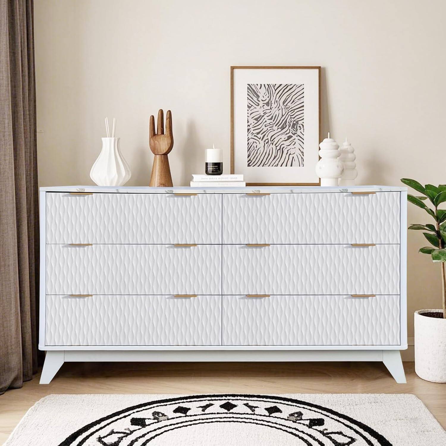 Qeetex 54" Drip Pattern 6 Drawer Chest with Faux Marble Top, Farmhouse ...