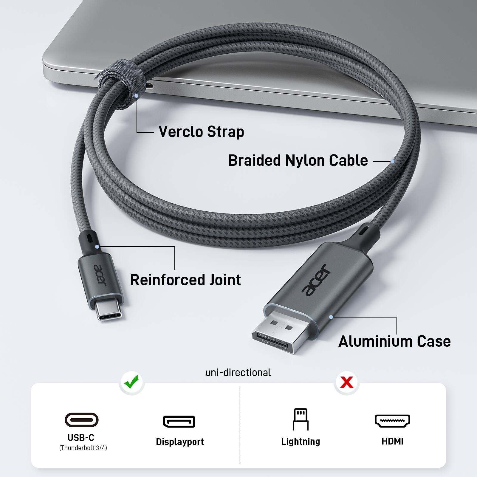 Acer USB C to DisplayPort Cable 10 FT (4K@60HZ 2K@165Hz), Type C to ...