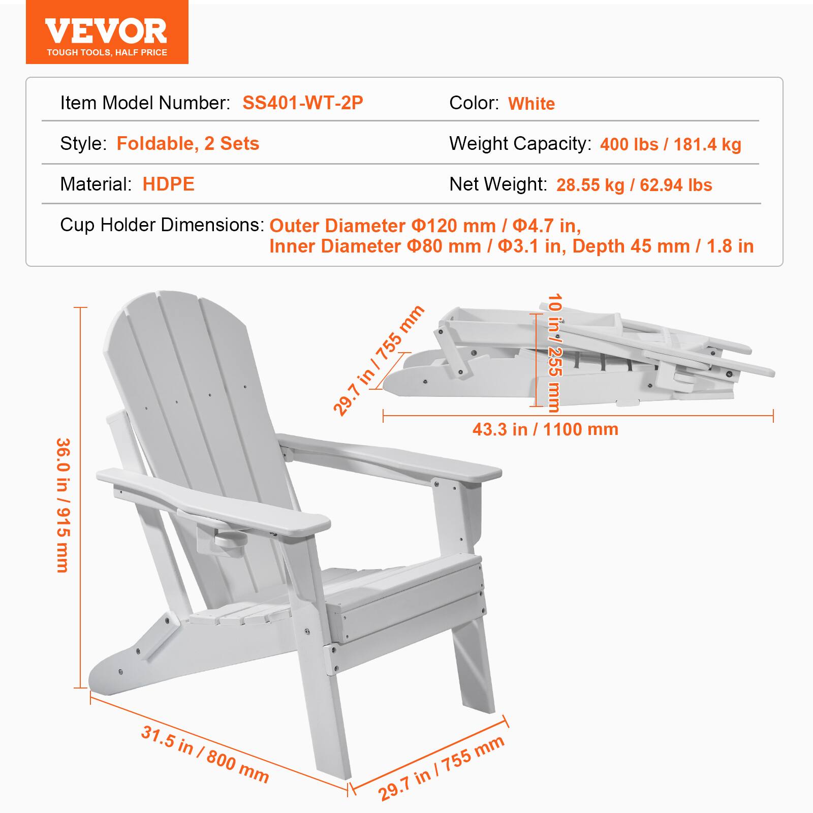VEVOR Adirondack Chair Plastic, Set of 2 All Weather Portable Folding ...