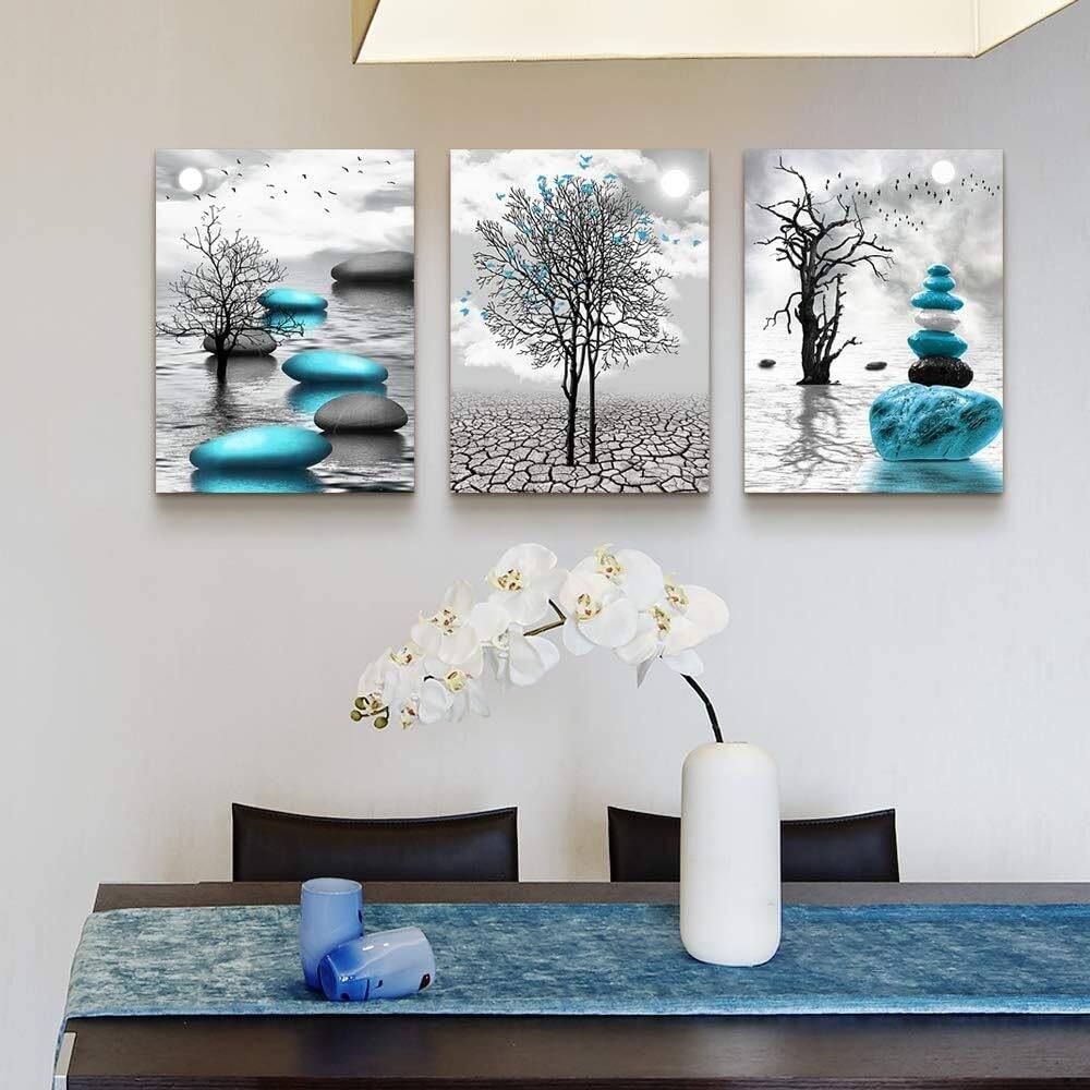 blue [3pcs Modern Abstract Canvas Art] 3pcs Canvas Wall Art for Living ...