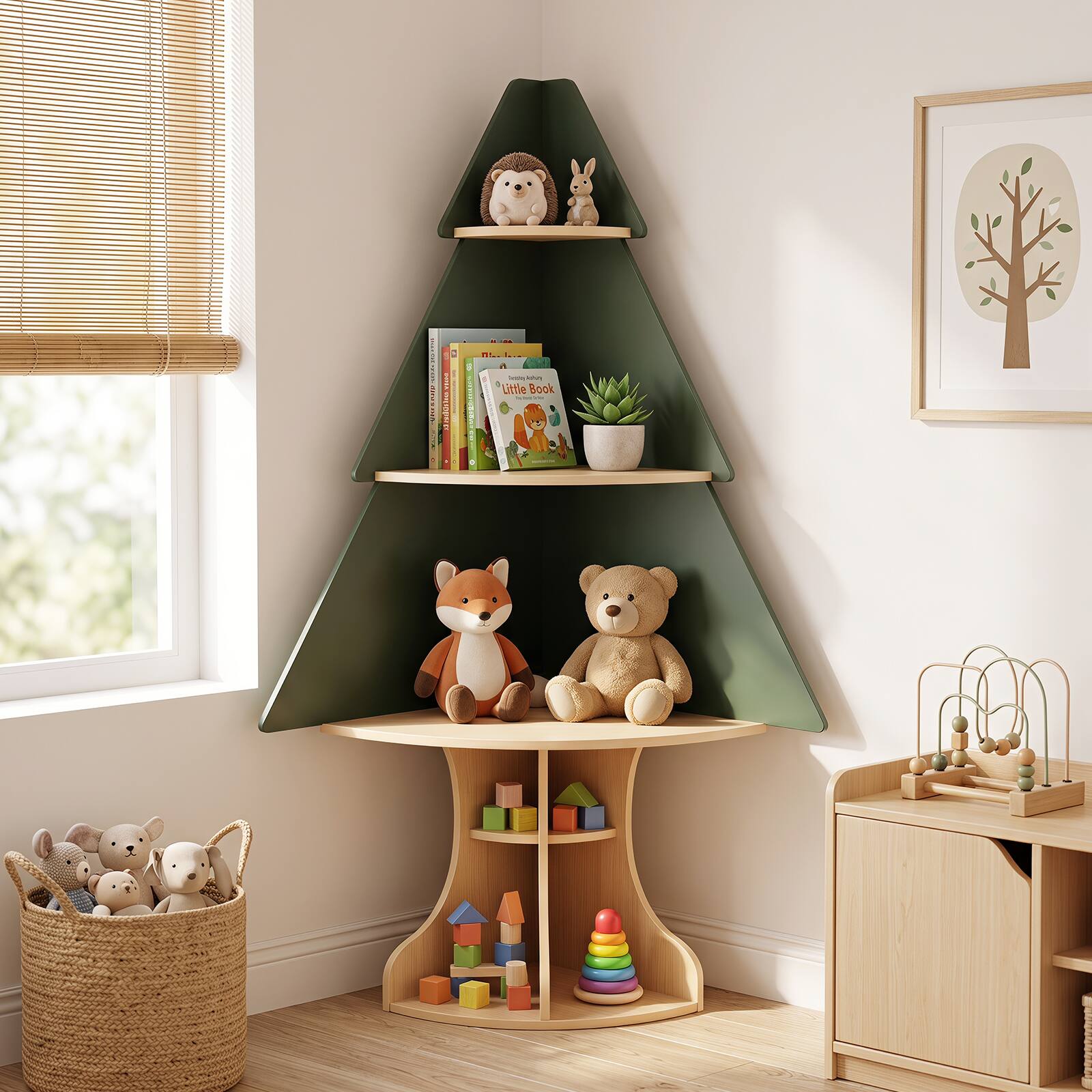 Costway Corner Tree Bookshelf with Toy Storage Organizer Wooden ...