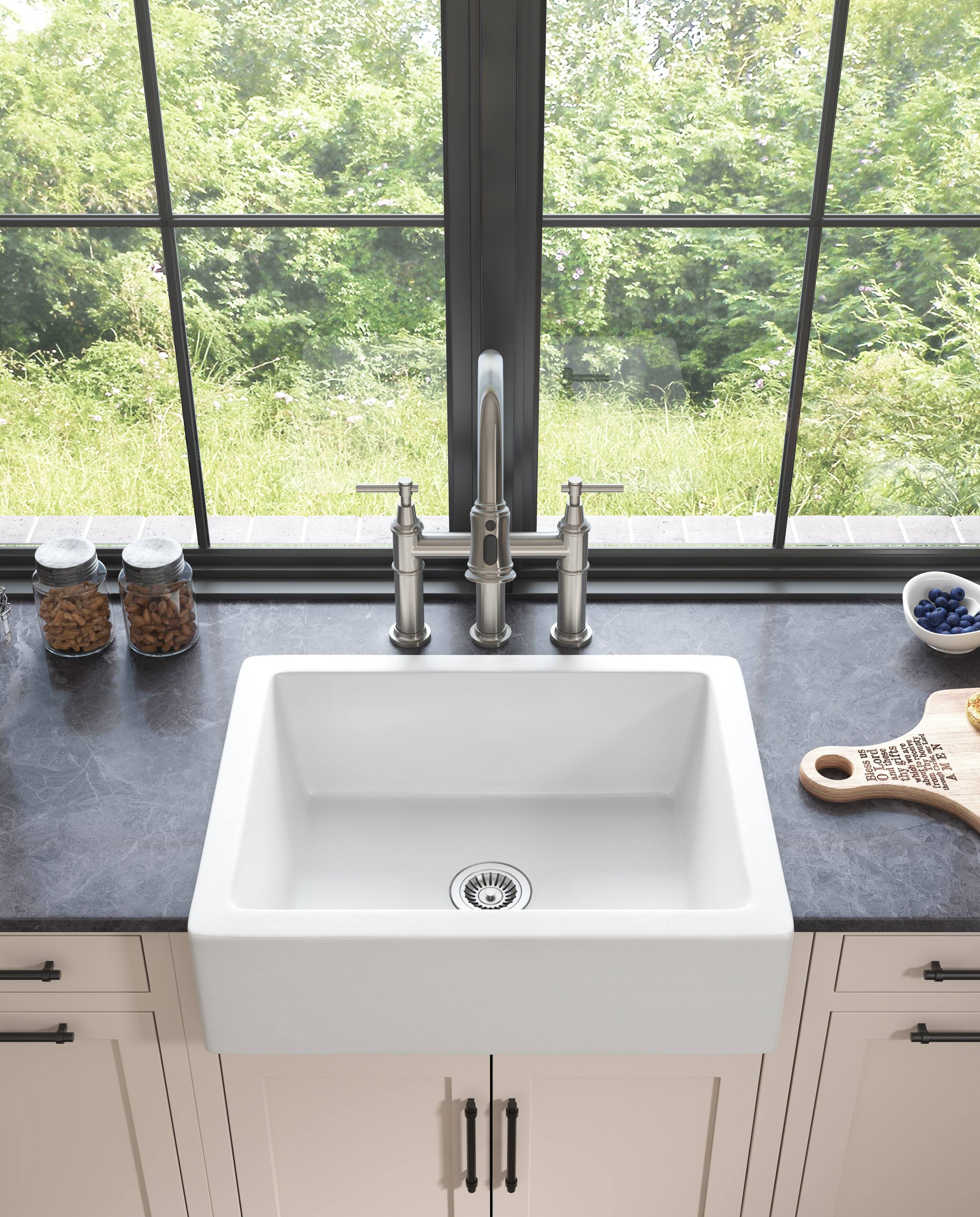 Siljoy 24"L x 19" W Farmhouse/Apron Front Ceramic Kitchen Sink White ...