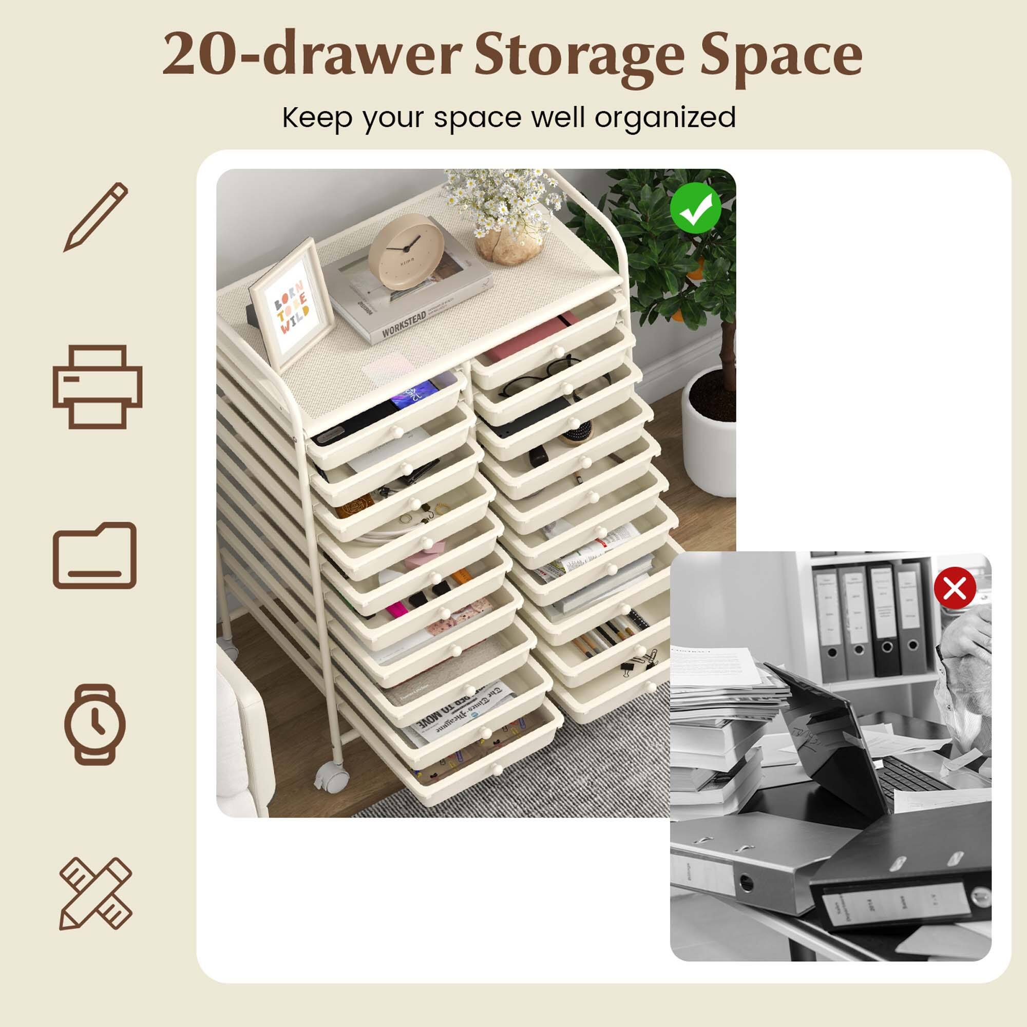 Costway 20 Drawers Rolling Storage Cart Art Craft Organizer on Wheels ...