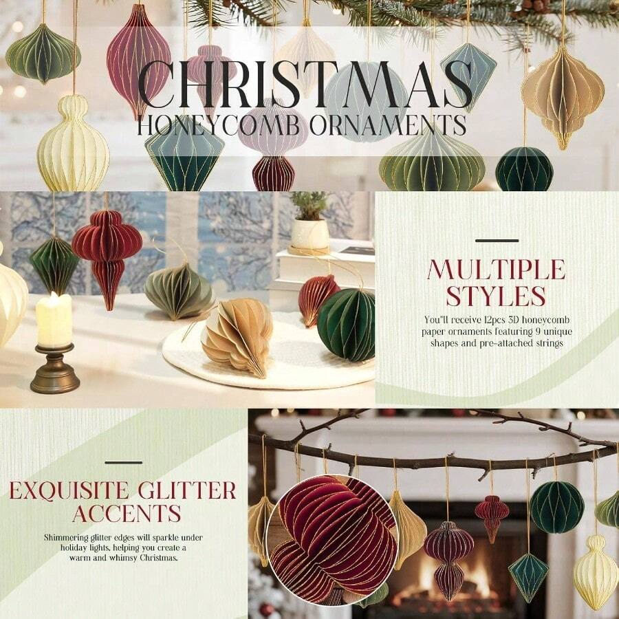 Live At Space 12Pcs Paper Honeycomb Ornaments Tree 3D Glitter Foldable ...