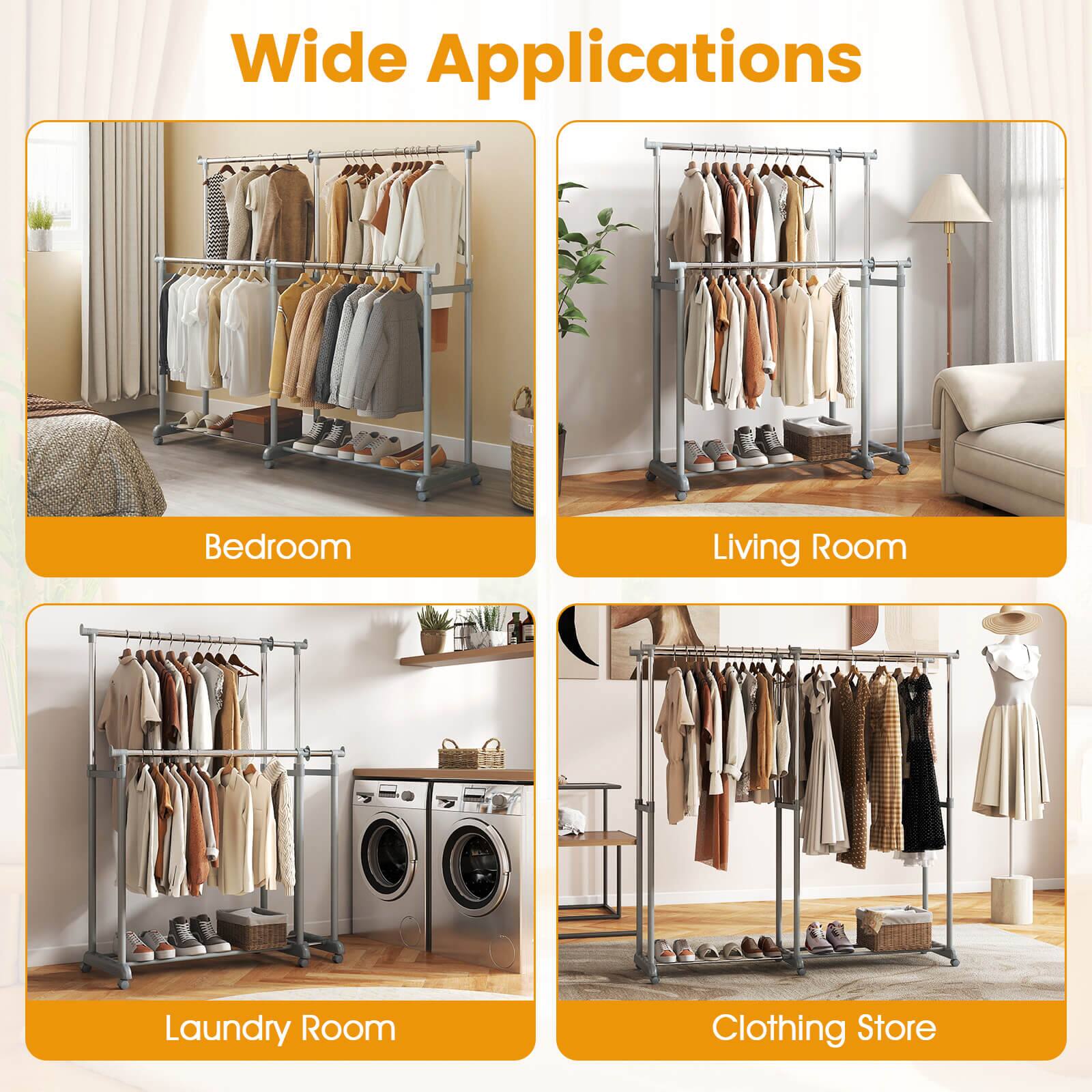 Costway Double Rod Clothes Rack with Extendable Height & Width for ...