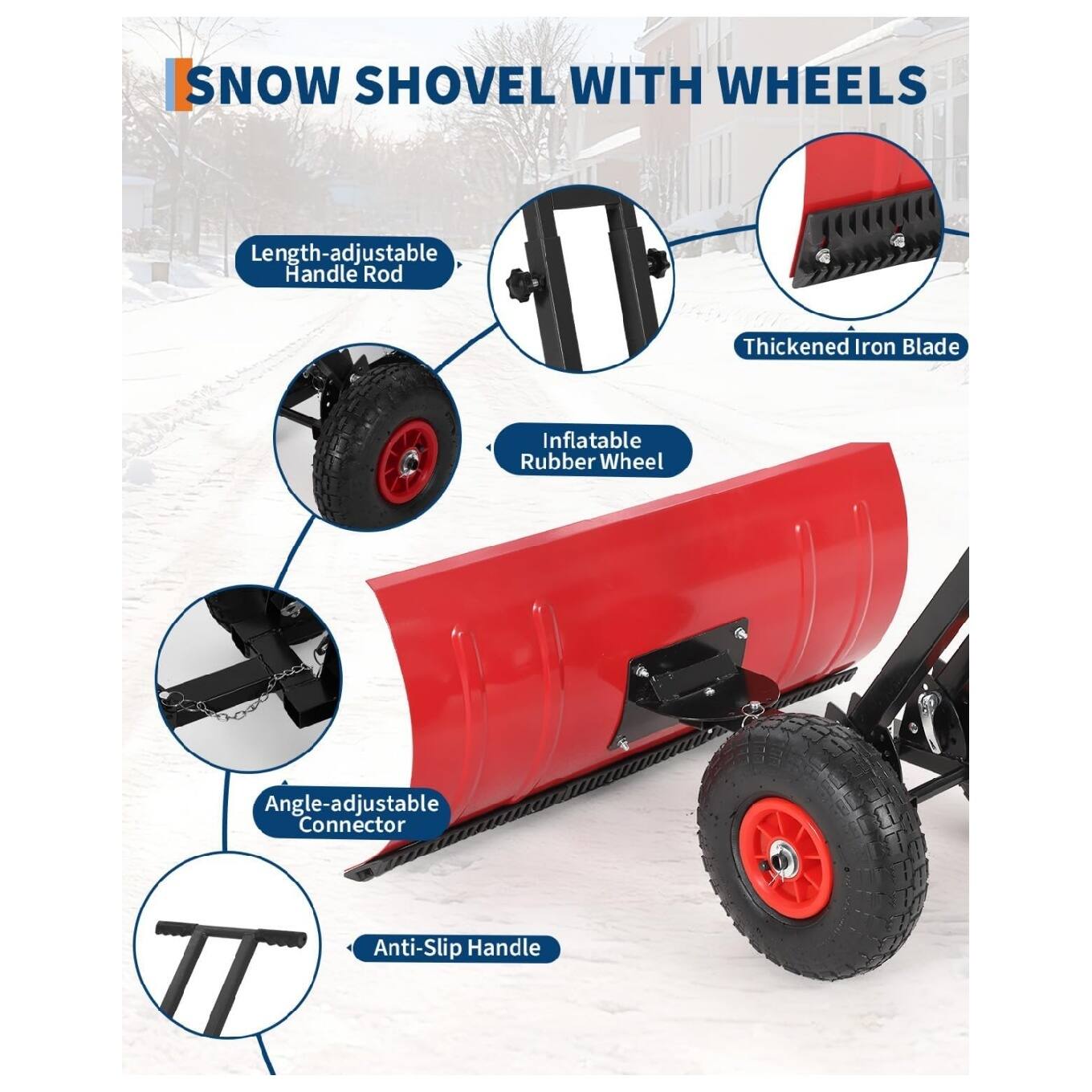 GARVEE Snow Shovel with Wheels, Heavy Duty Steel Blade, 5 Position ...