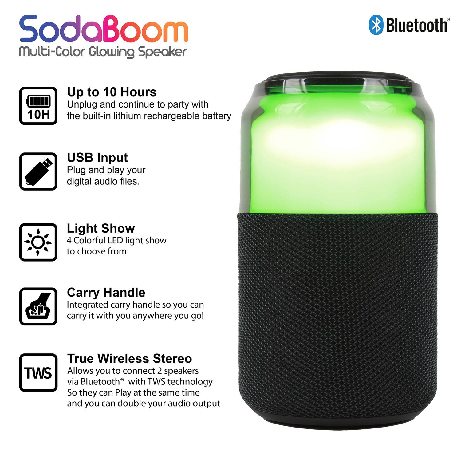 Supersonic SodaBoom Portable Bluetooth Speaker, True Wireless, LED ...