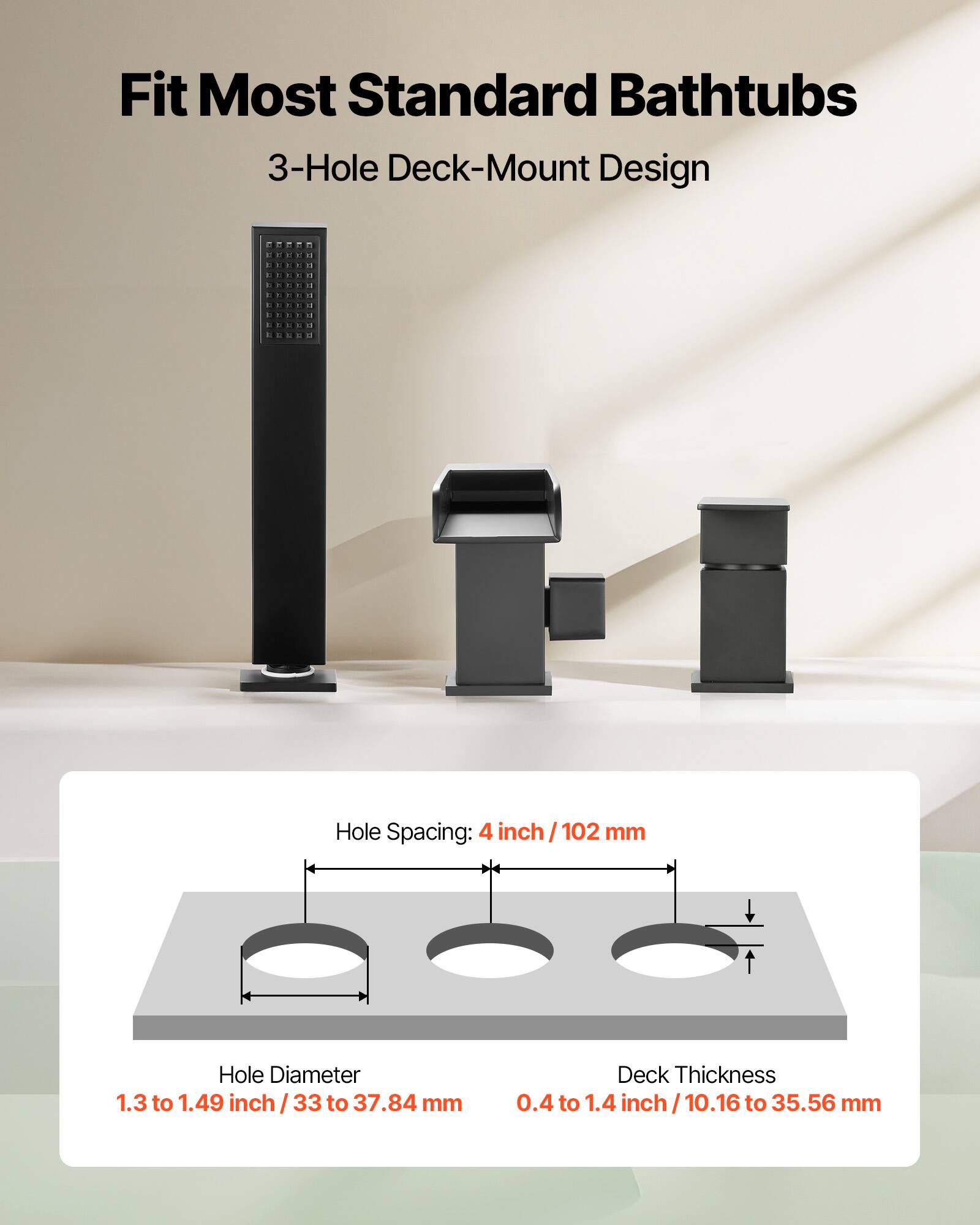 VEVOR Roman Tub Faucet, 3 Hole Waterfall Bathtub Faucet, Widespread ...