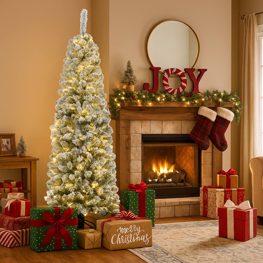 BreeBe Pre Lit 6FT Snow Flocked Pencil Christmas Tree – 250 LED Lighted ...