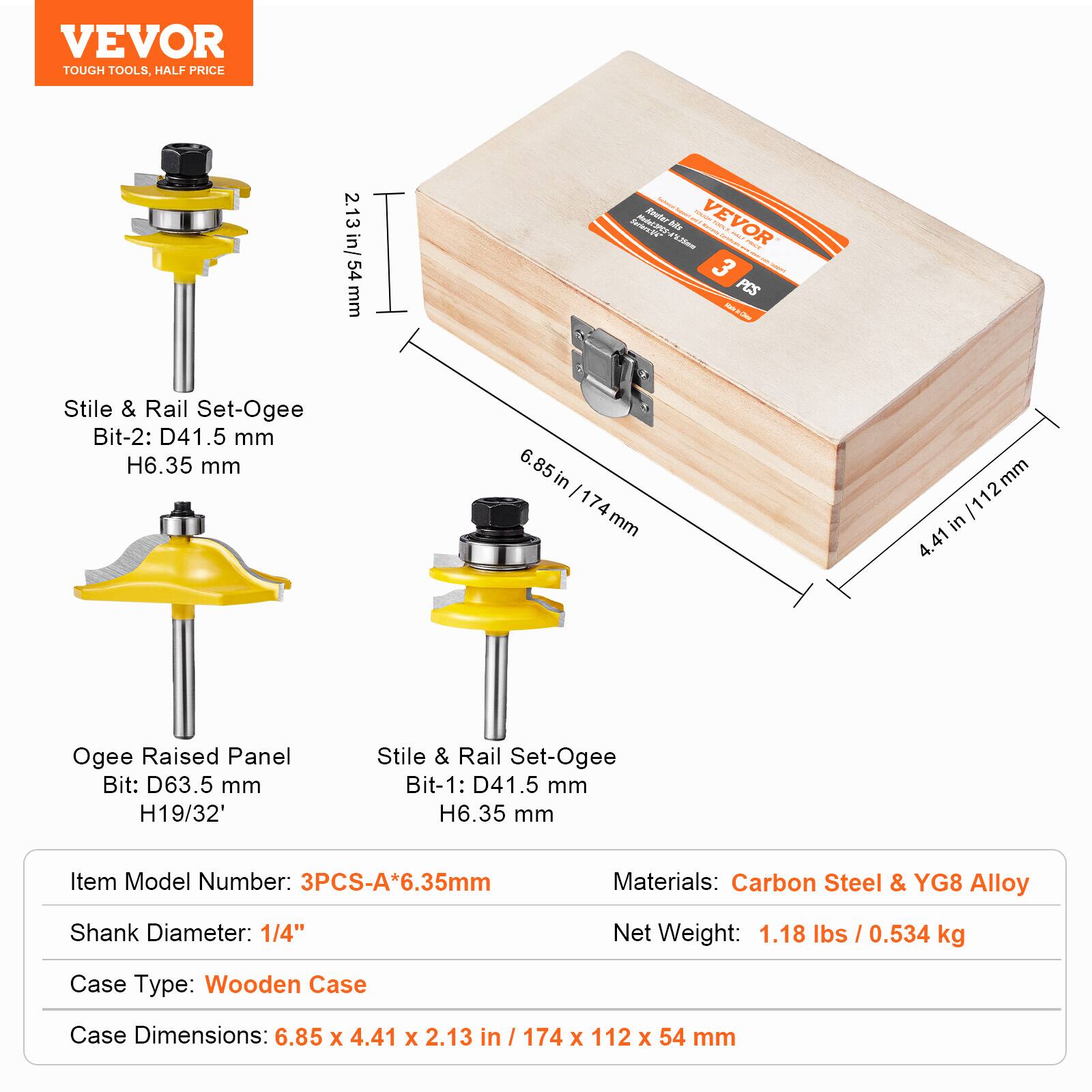 VEVOR Router Bits Set, 3 Pieces, Carbide Router Bit Kit with 1/4 Inch Shank, Wood Carrying Case ...