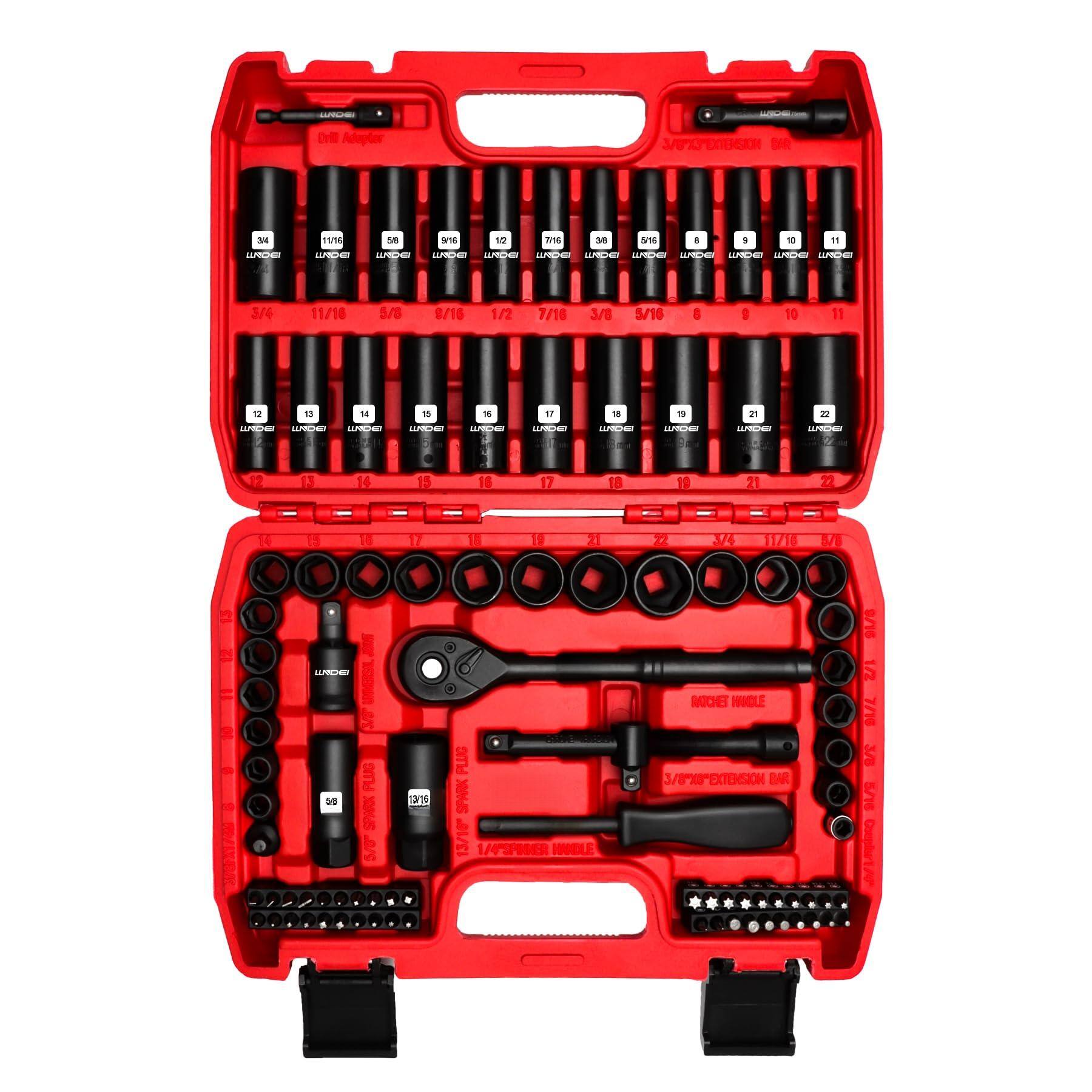 JETRANSPORT 3/8"drive Impact Socket Set Standard Sae(5/16 To 3/4 inch) Metric Size(8 22mm) 95 ...