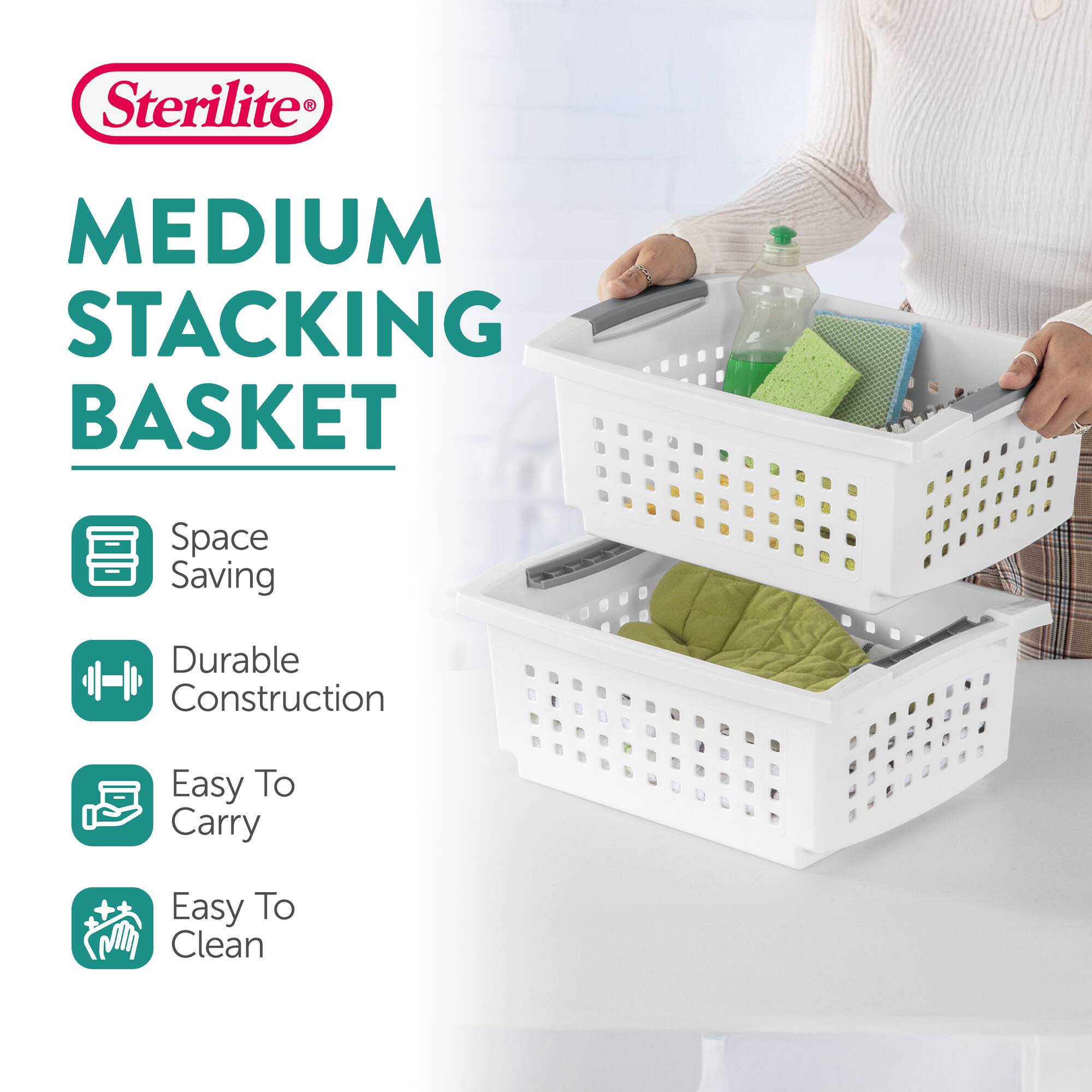 Sterilite Medium Sized Stackable Storage & Organization Basket, White (30 Pack) 30 x 16628010F ...