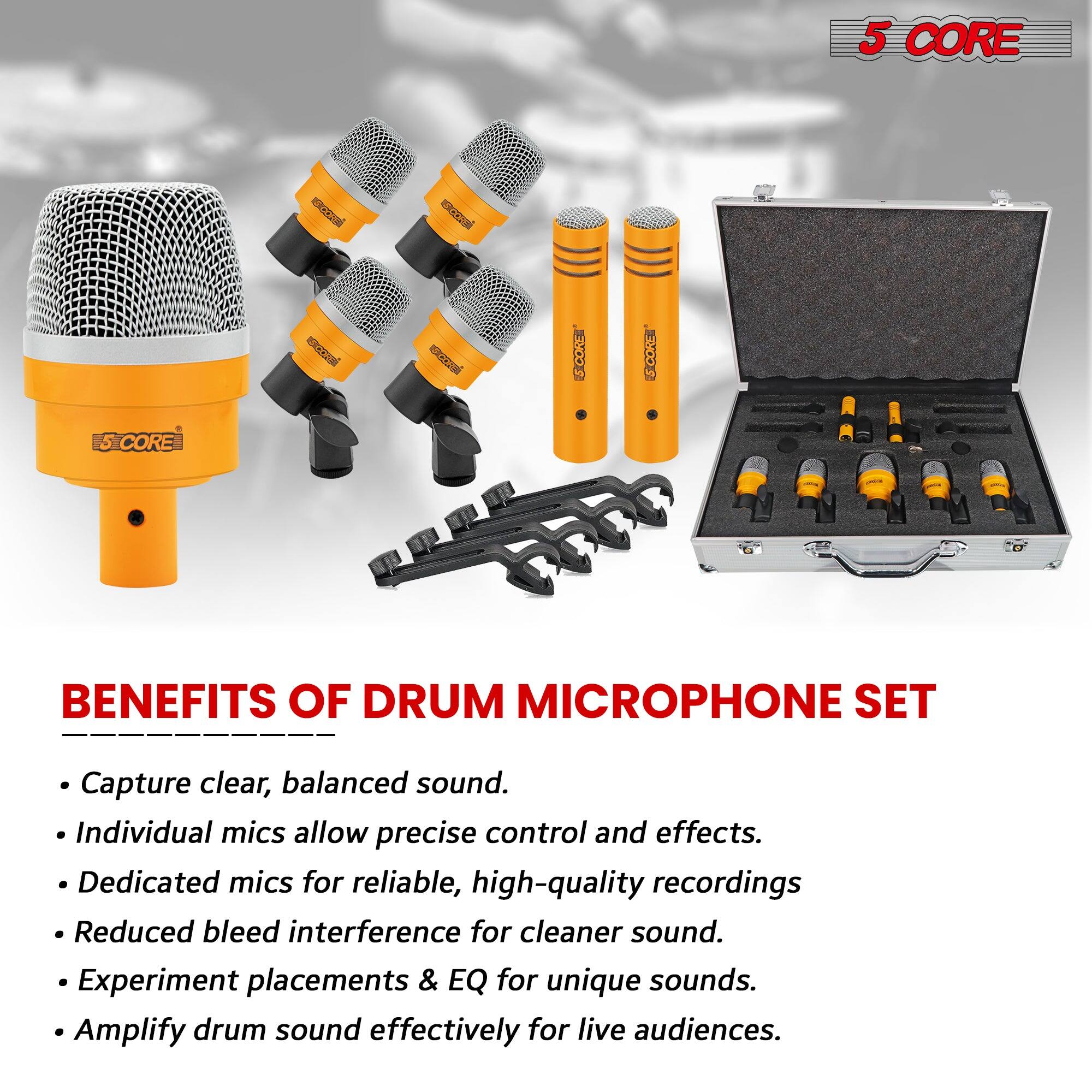 5 CORE Drum Mic Kit 7 Pcs Kick Bass Tom Snare Dynamic Microphone ...