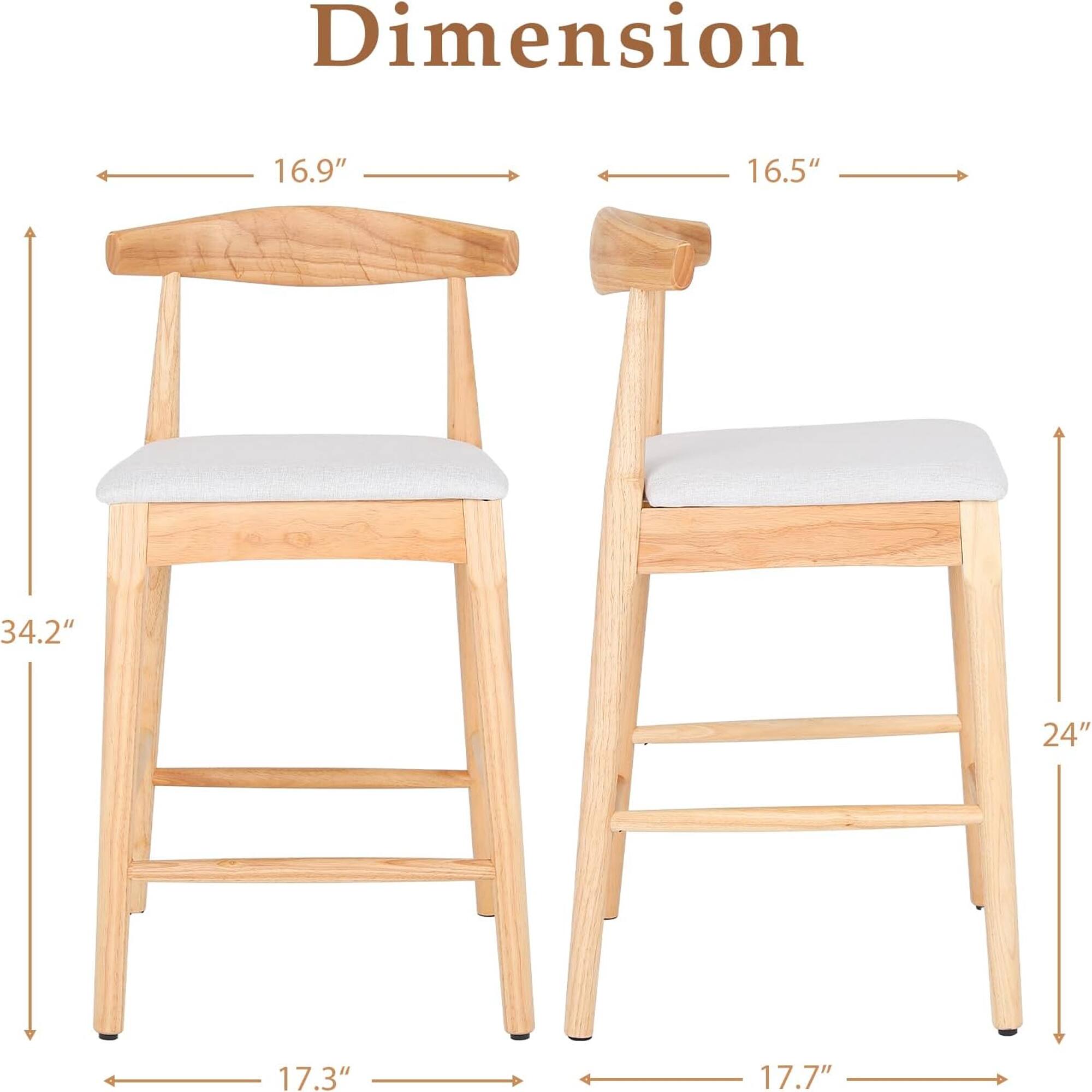 HTUTWOO Mid Century Bar Stools Set of 2, Solid Wood Counter Height ...