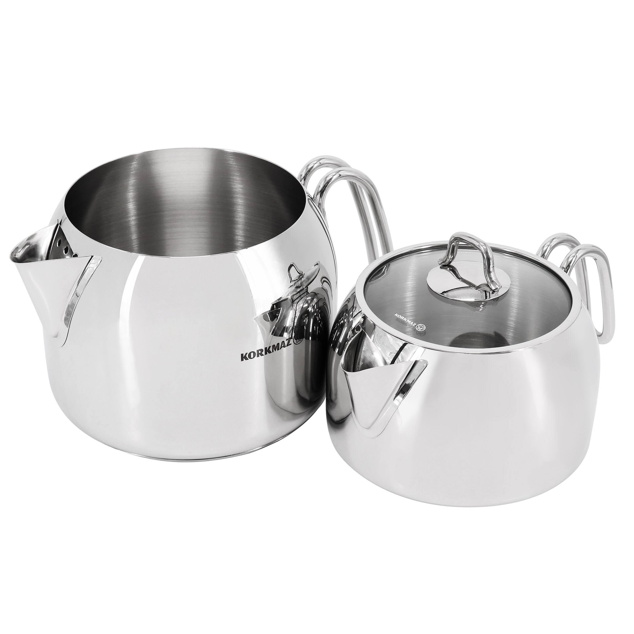 Korkmaz Perla Mega Stainless Steel 1.8 Liter Tea Pot and 3.2 Liter ...