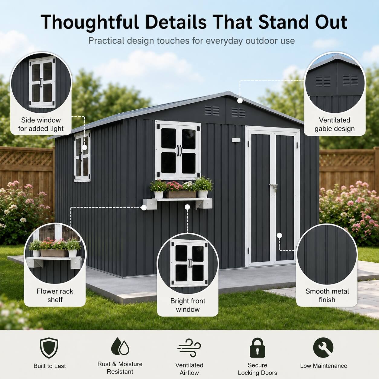 Anysun 10x8 FT Outdoor Metal Storage Shed with Window & Flower Rack ...
