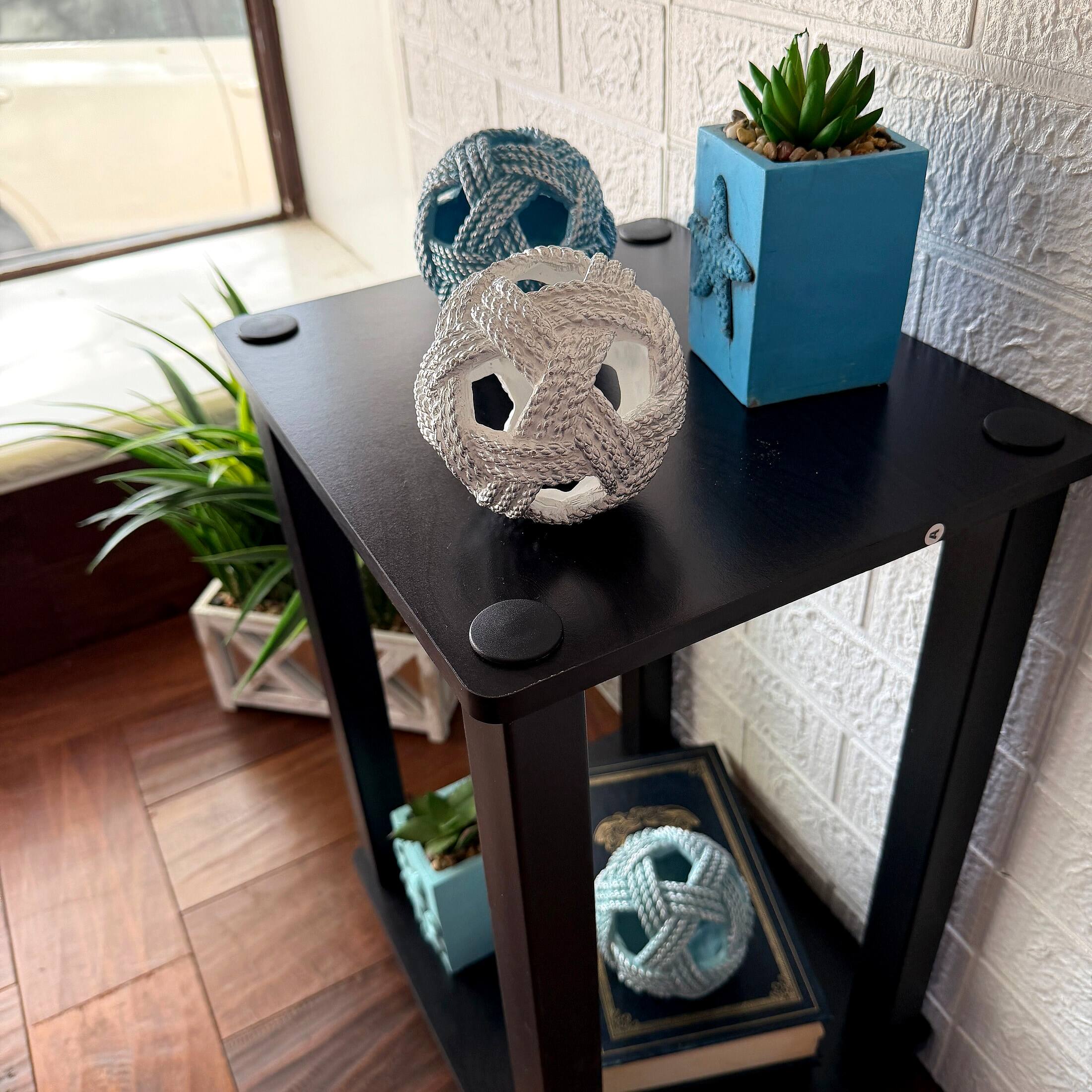Zeckos Set of 3 Coastal Decorative Orbs Rope Look Resin 4 in Blue Aqua ...