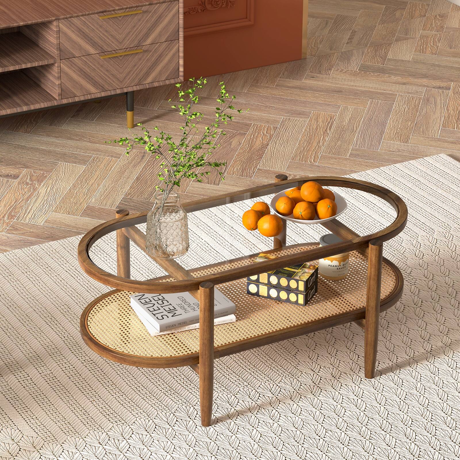 Ecooso 2 Tier Coffee Table with Tempered Glass Tabletop and Acacia Wood ...