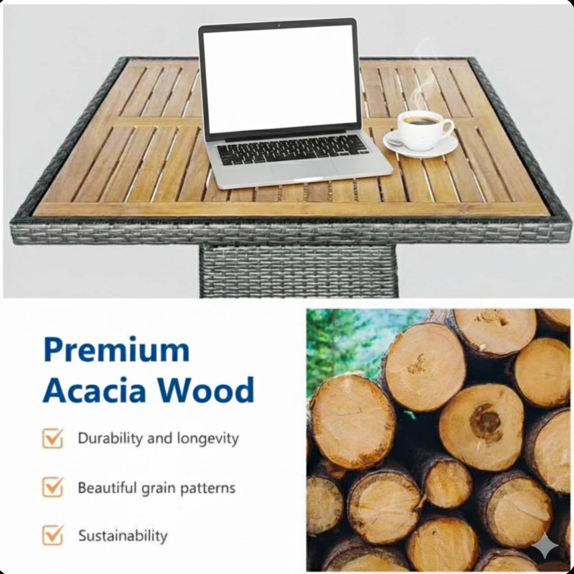 Mondawe Square Rattan Patio Dining Table with Acacia Wood Top Gray MO ...