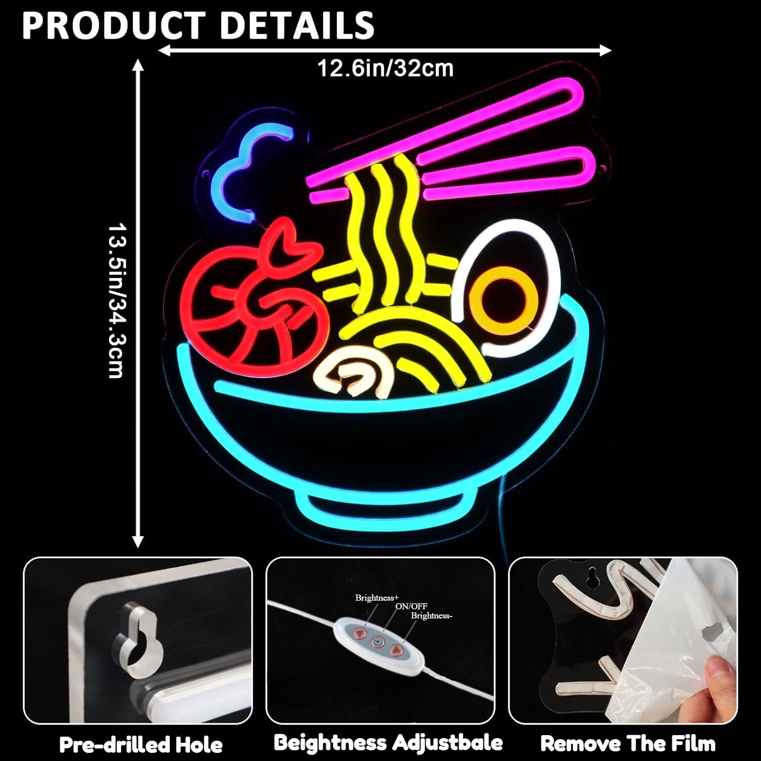 Auledio Ramen Neon Sign for Wall Decor, Seafood Noodles Led Signs for ...