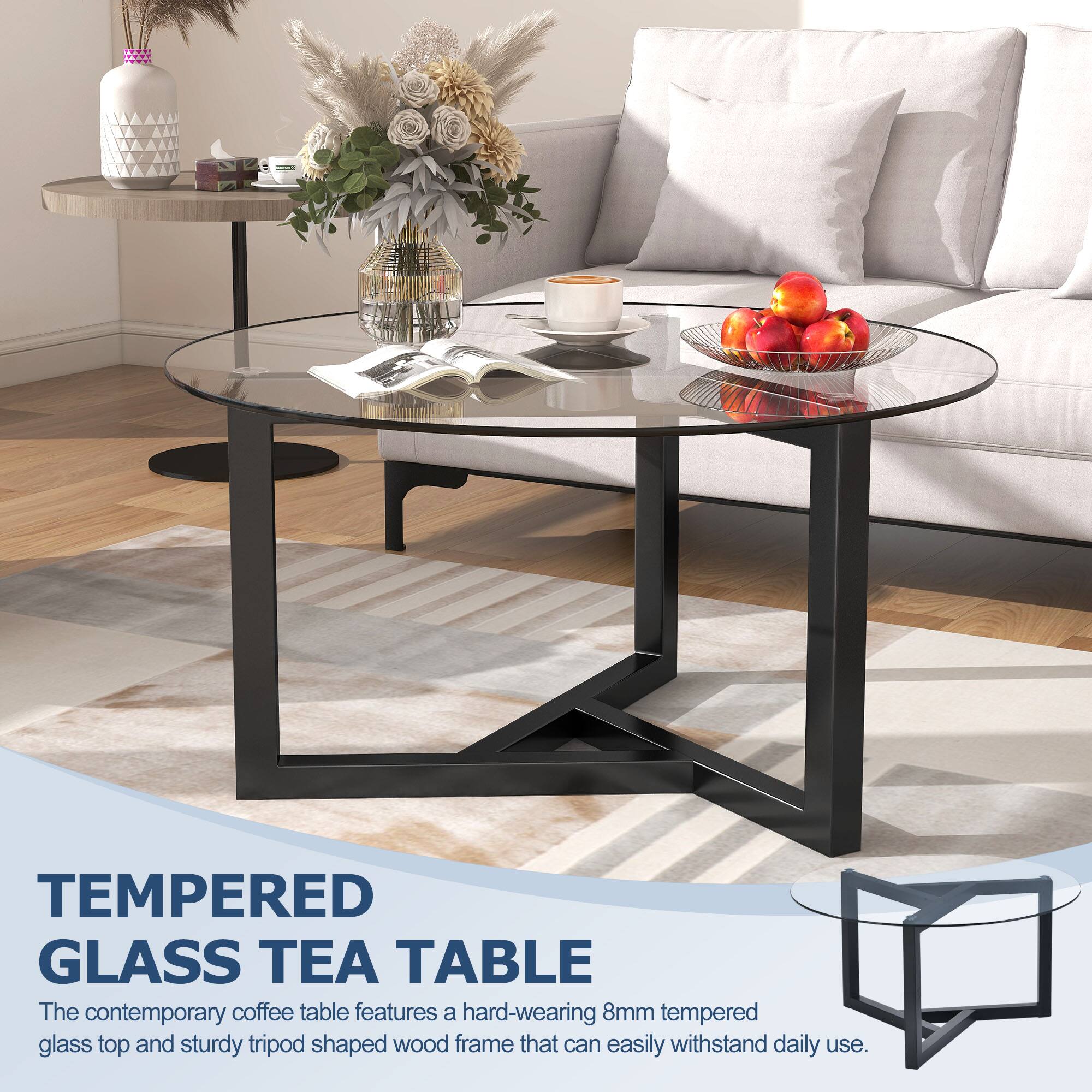 Tiramisubest Round Glass Coffee Table Modern Cocktail Table Easy ...
