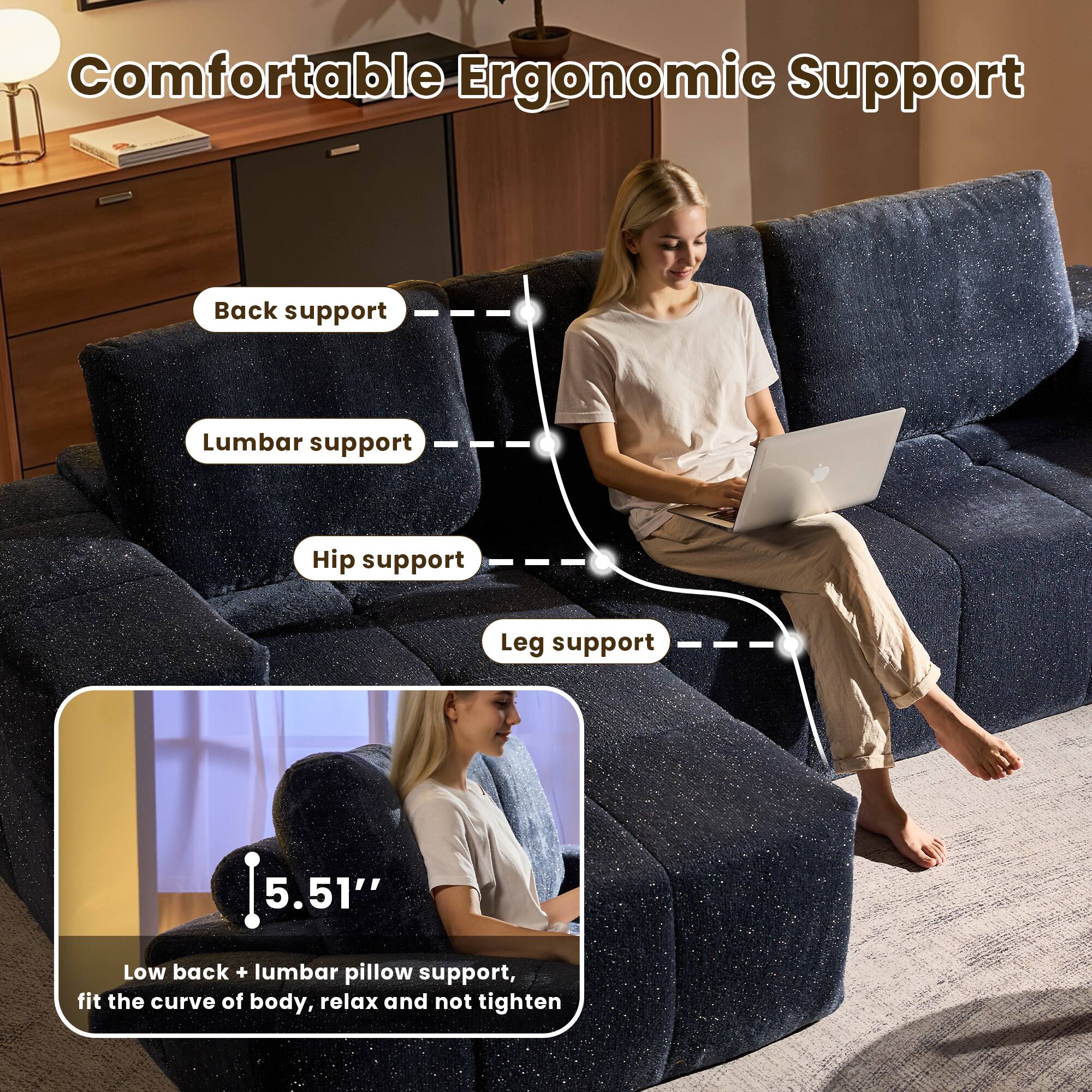 Ovios 114" Starlight Fabric Sectional Sofa with Comfy Chaise, Boneless ...