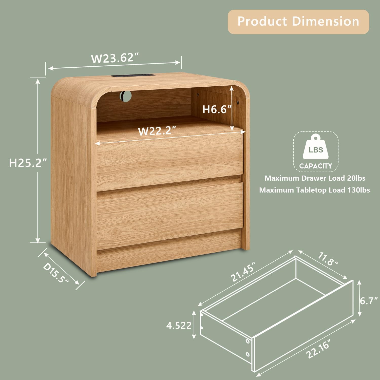 APRILSOUL 25 Inch Tall Modern Nightstand with Charging Station Wood ...