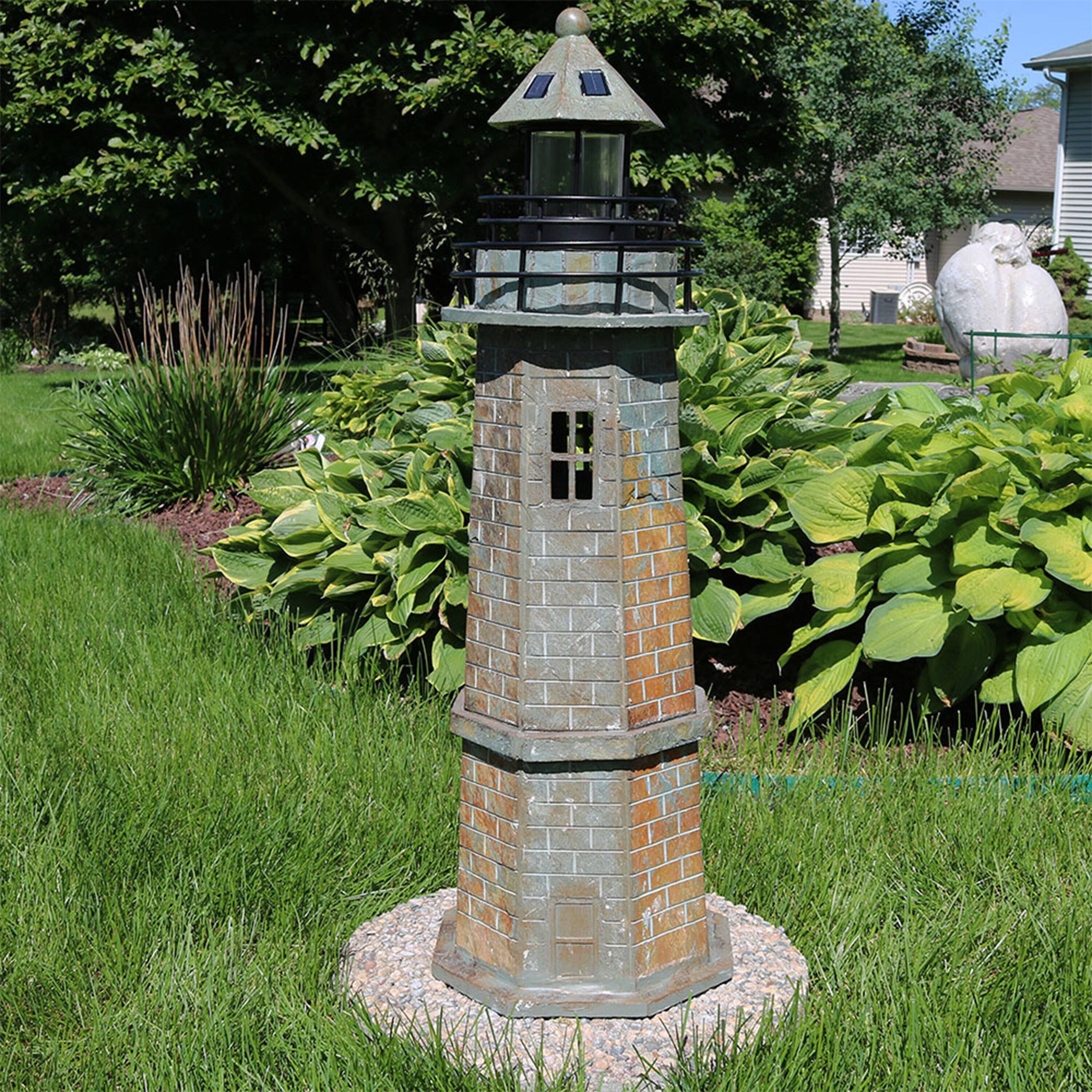 Sunnydaze 35 in Resin and Stone Solar LED Lighthouse Nautical Statue ...