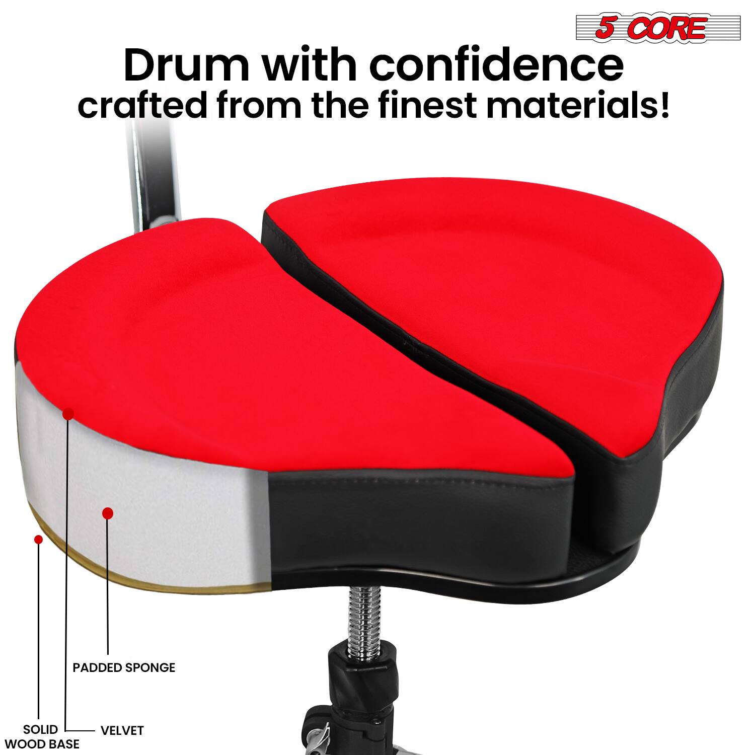 5 CORE Drum Throne 5" Padded Stool 441Lb Capacity w Backrest Red DS GT ...