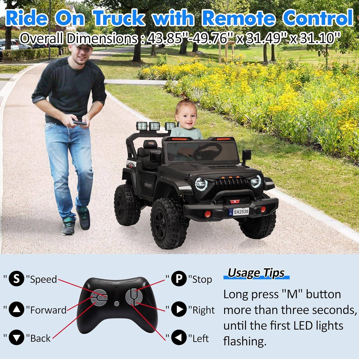 Qeetex 24V Truck 2 Seater Kids Ride On Car,Parent Remote Control,4WD ...
