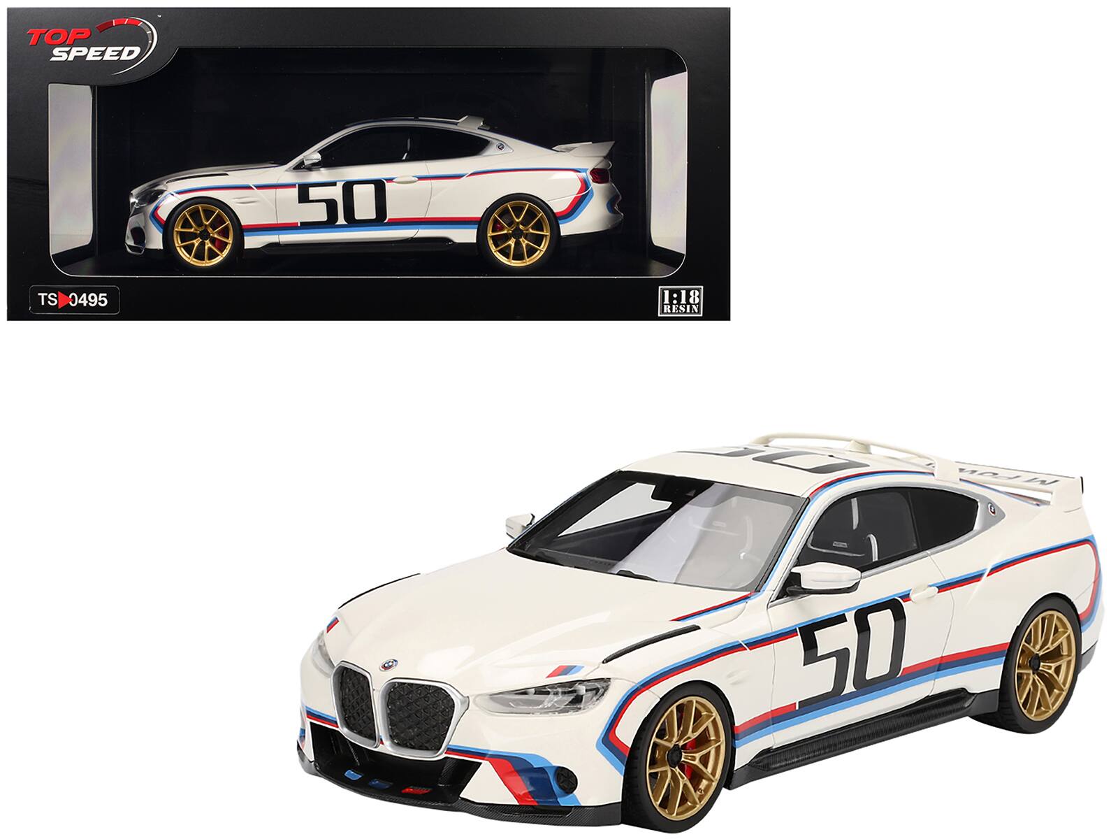 BMW M4 3.0 CSL #50 Stripes 1/18 Model Car by Top Speed White with Blue ...