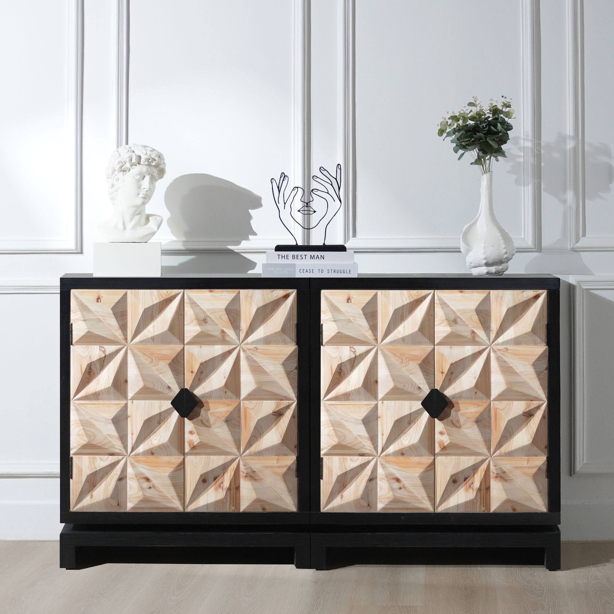 APRILSOUL 3D Geometric Carved Double Door Cabinet Manufactured Wood ...