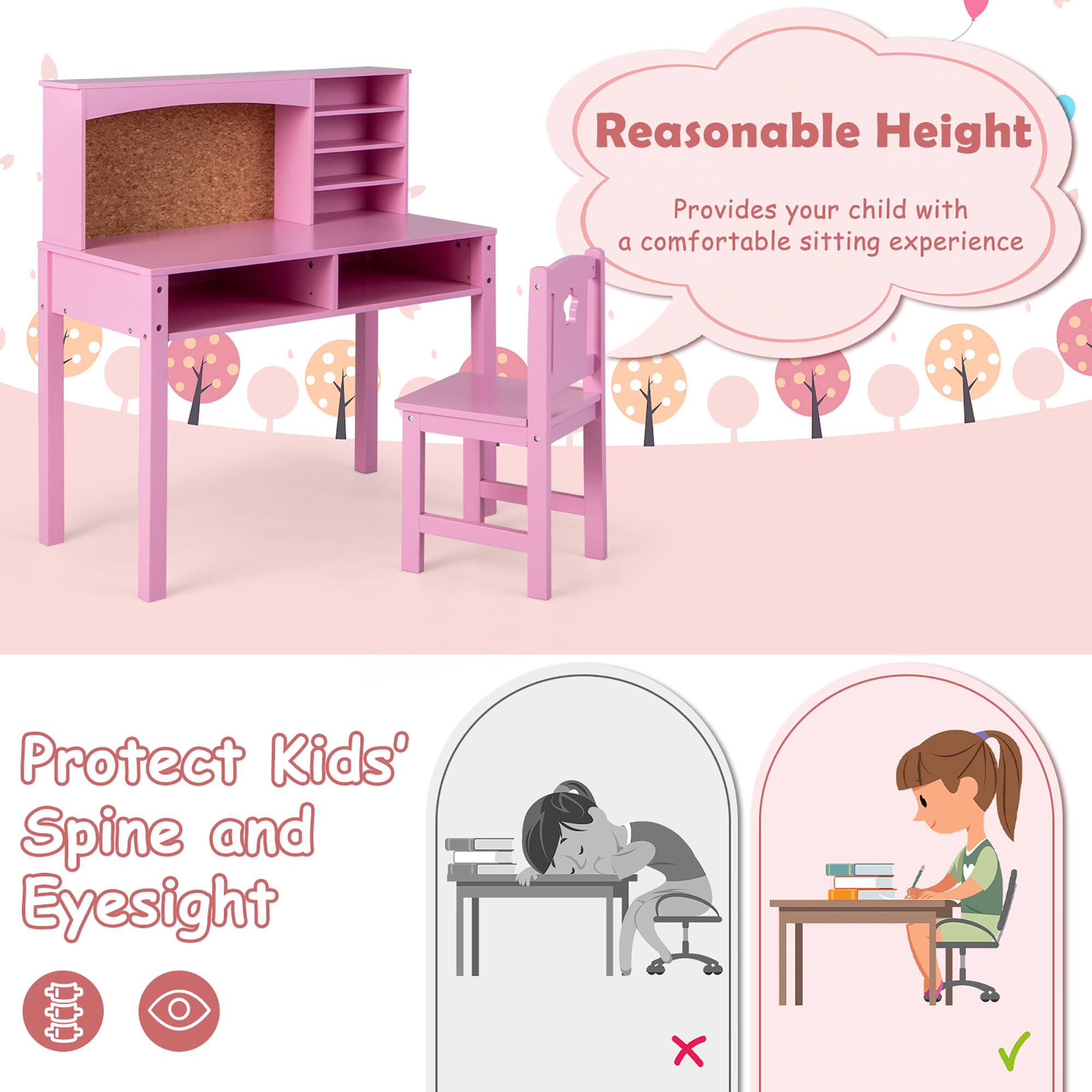 Costway Kids Desk and Chair Set Study Writing Workstation with Hutch ...