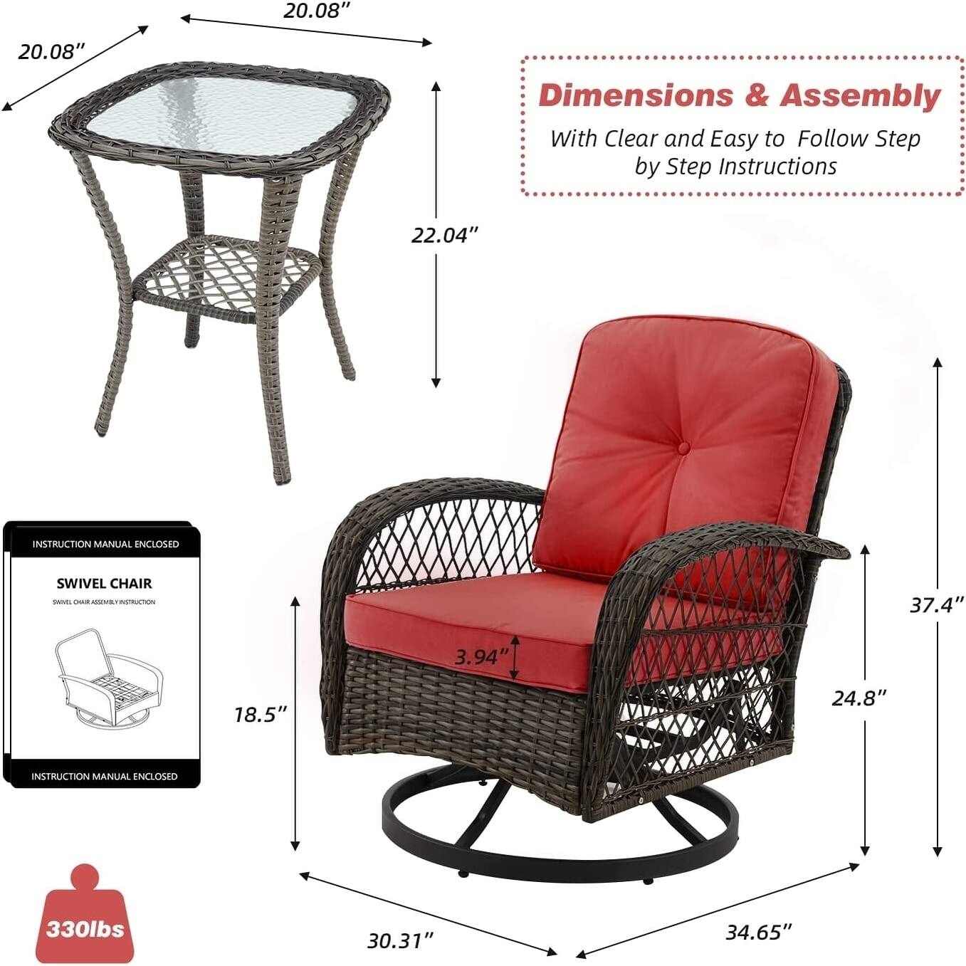 U HOMY Outdoor Swivel Rocking Chair Set with Glass Table Wine Red ...