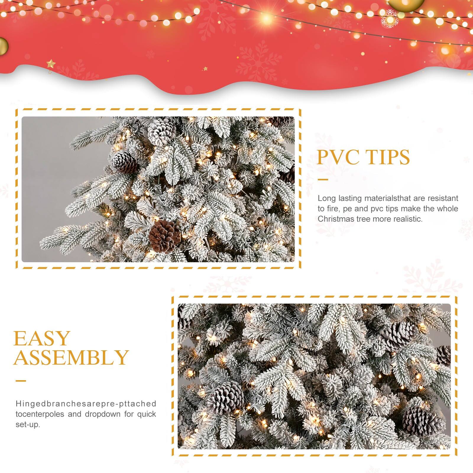 BreeBe 8FT Flocked PE/PVC Christmas Tree with 1000 Warm White LED ...