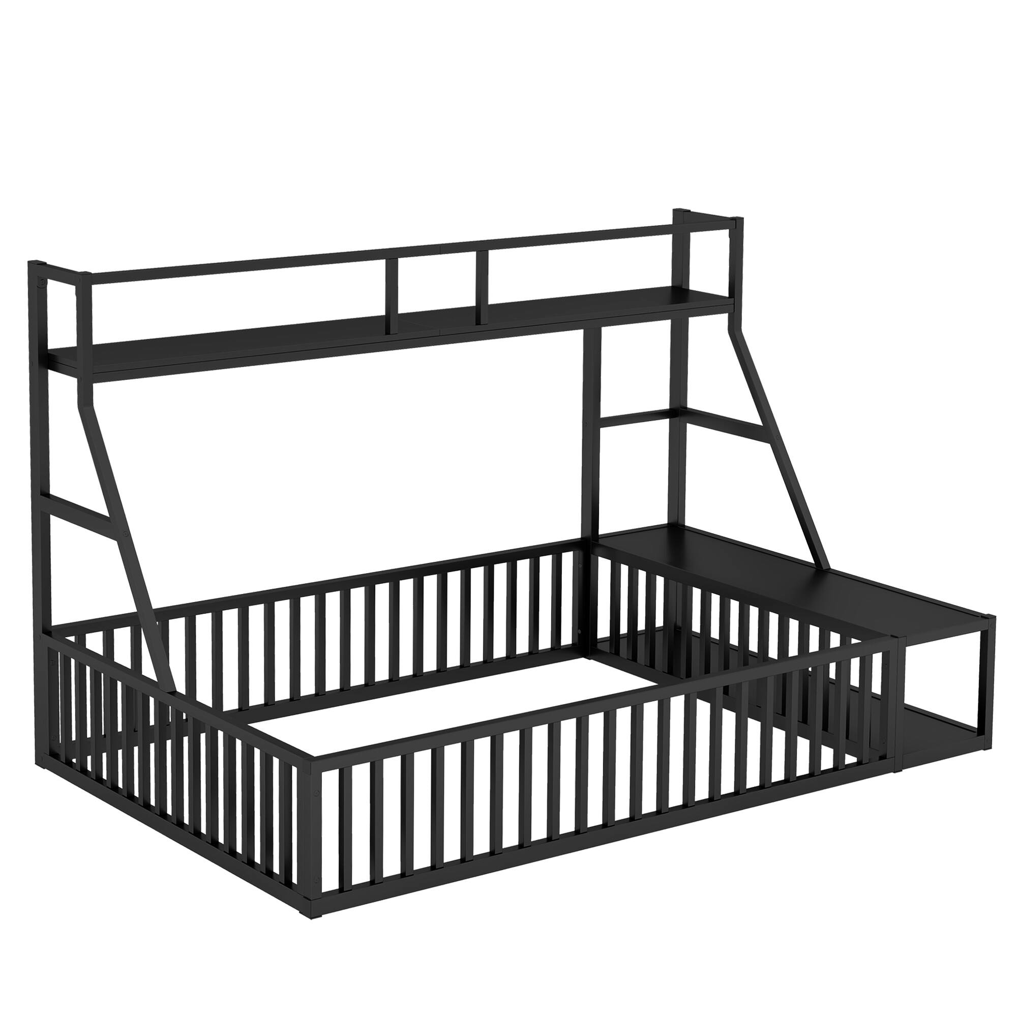 Tiramisubest Full Size Floor Bed Frame with Safety Fence, Metal Floor ...