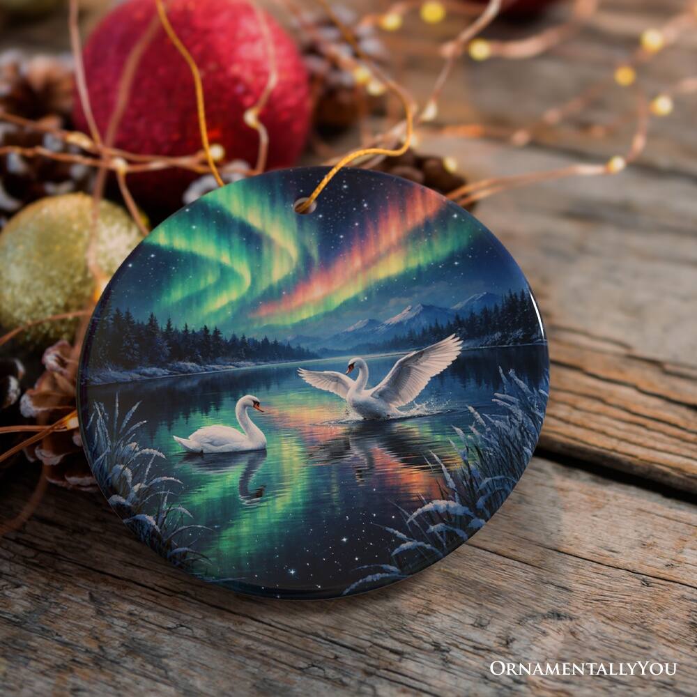 OrnamentallyYou Graceful Aurora White Swans Ceramic Ornament, Northern ...