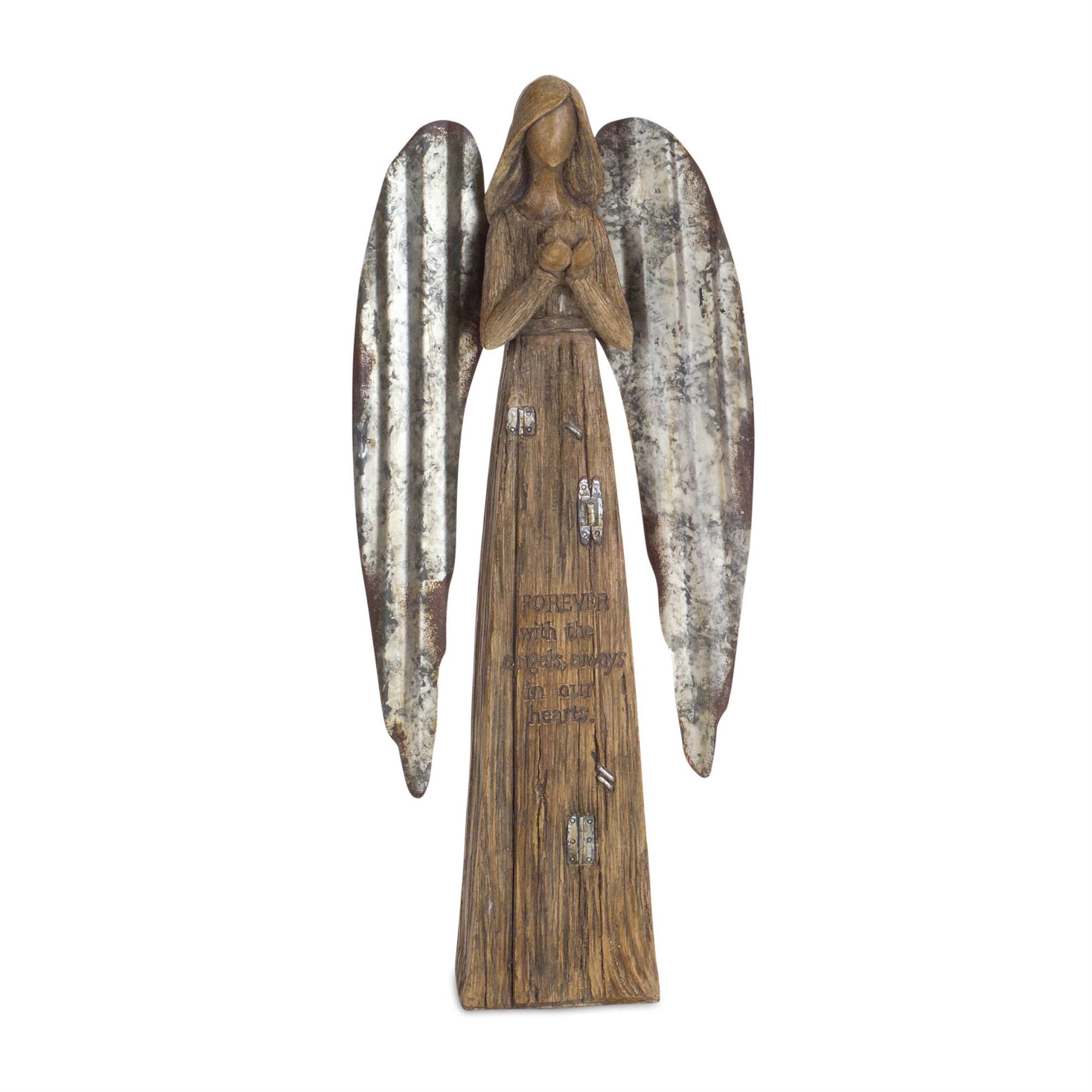 BreeBe Rustic Wood Sentiment Angel with Galvanized Metal Wings (Set of ...