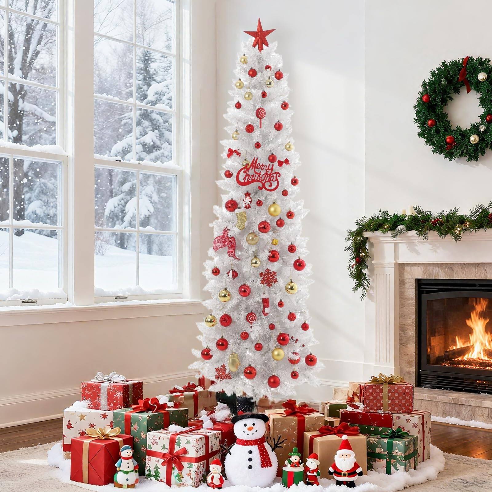Jojoka 6ft Slim White Pencil Christmas Tree with 250 Stepless Dimmable ...