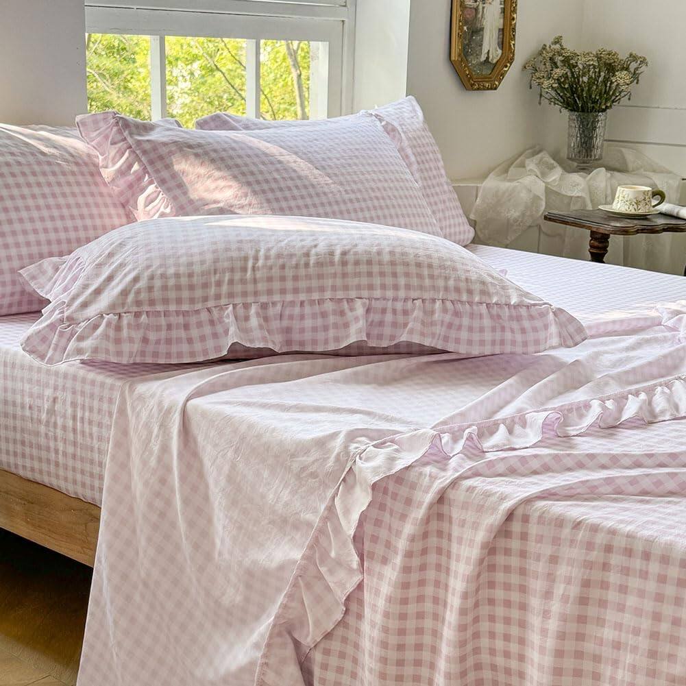 Dapper Styles Gingham Ruffle Sheet Set Soft Pre washed Microfiber Plaid ...